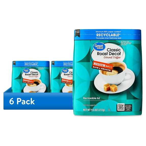 (6 pack) Great Value Classic Decaf Medium Roast Ground Coffee, 9.6 oz ...