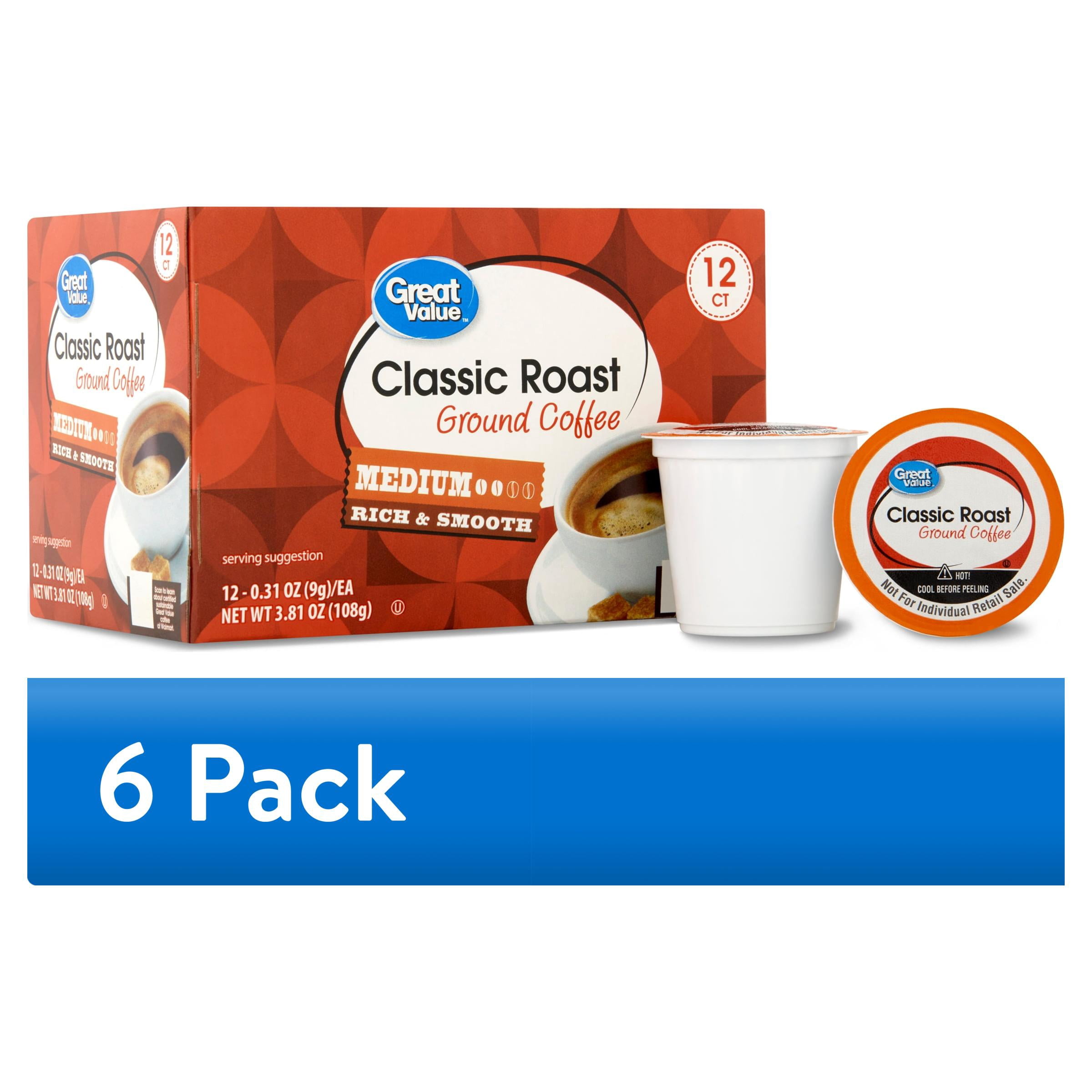 (6 pack) Great Value Classic Roast Ground Coffee Pods, 12 Count ...