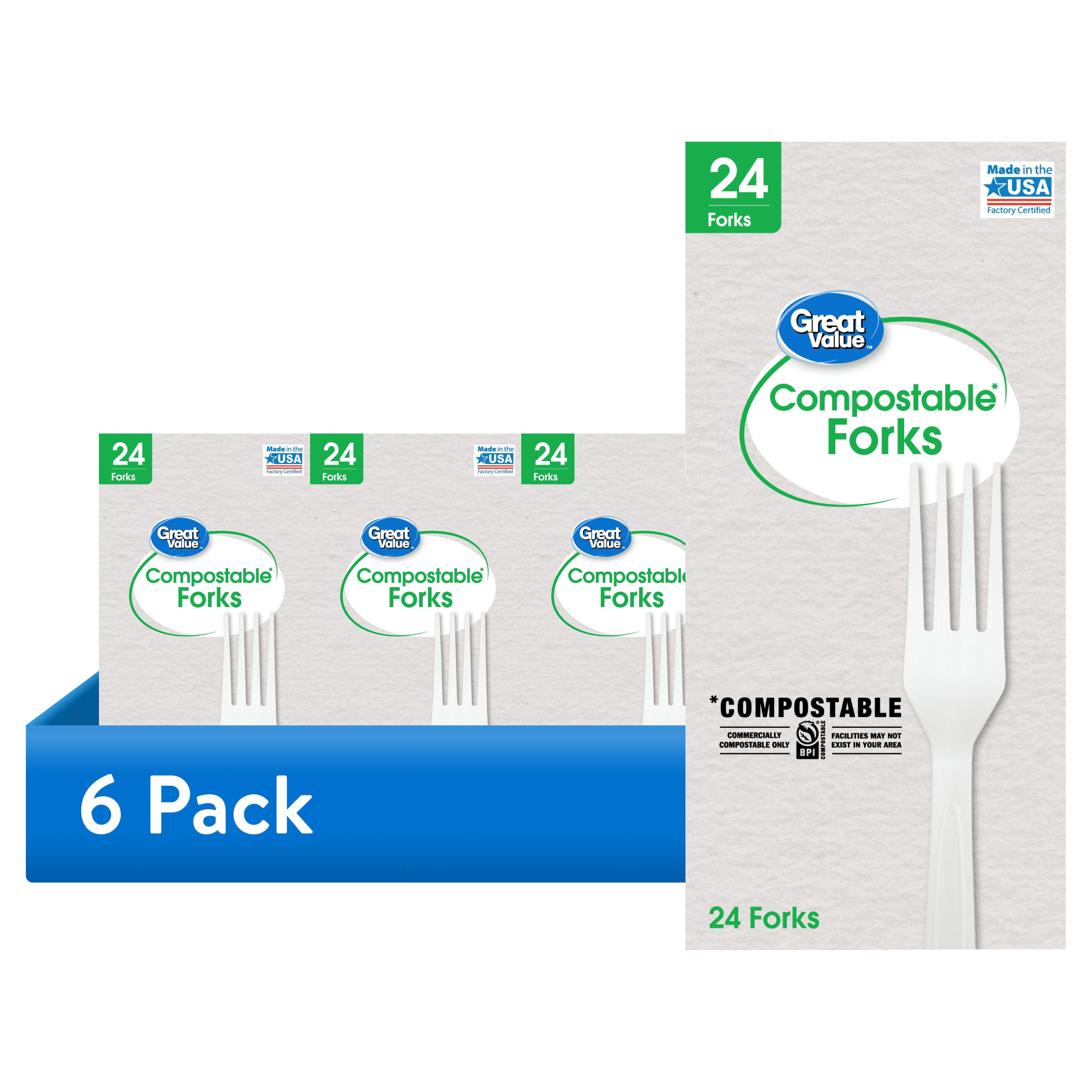 (6 pack) Great Value Disposable Compostable Forks, Residential Single ...