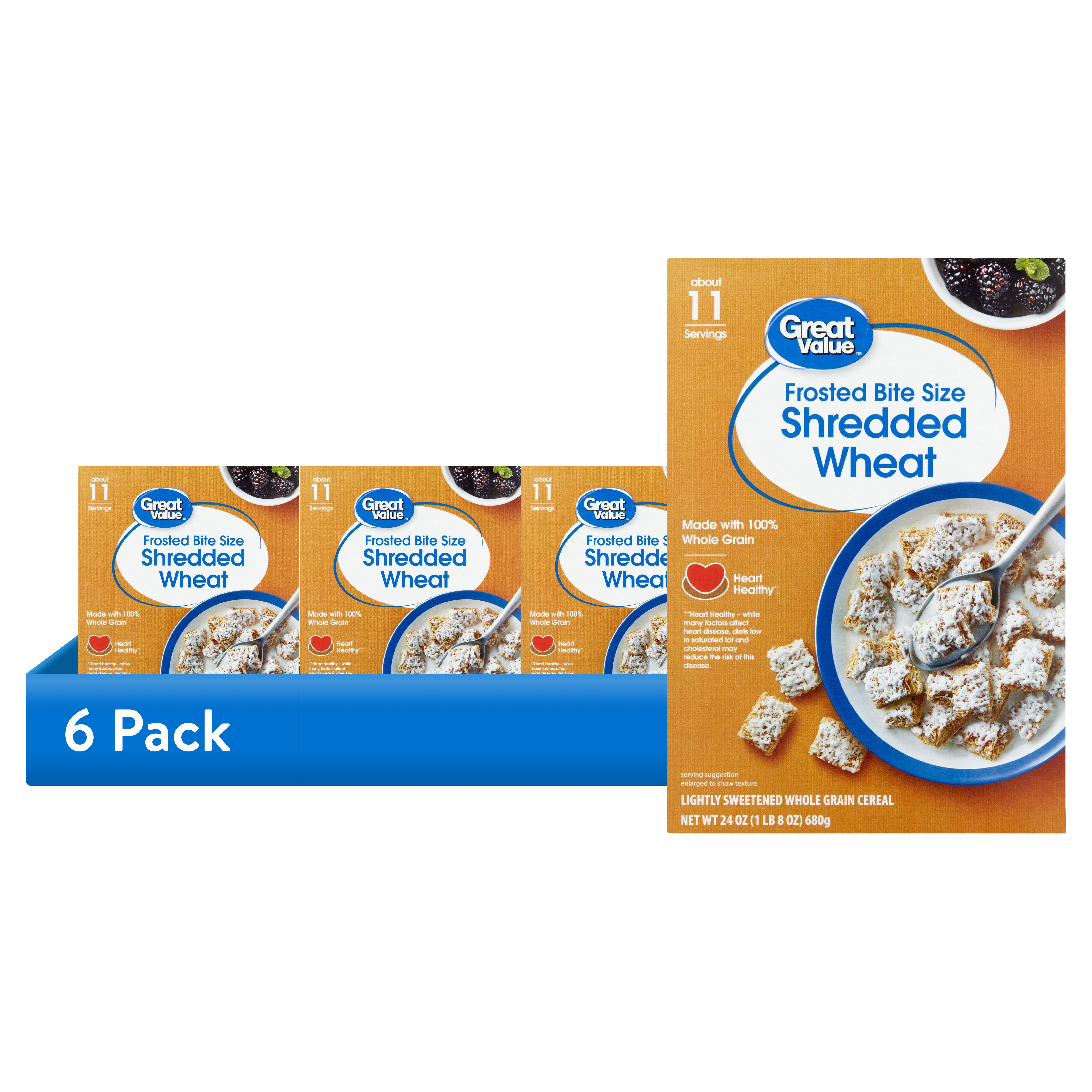 (6 pack) Great Value Frosted Bite Size Shredded Wheat Cereal, 24 oz ...