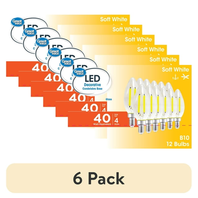 (6 pack) Great Value LED Light Bulb, 4W (40W Equivalent) B10 Deco Lamp ...