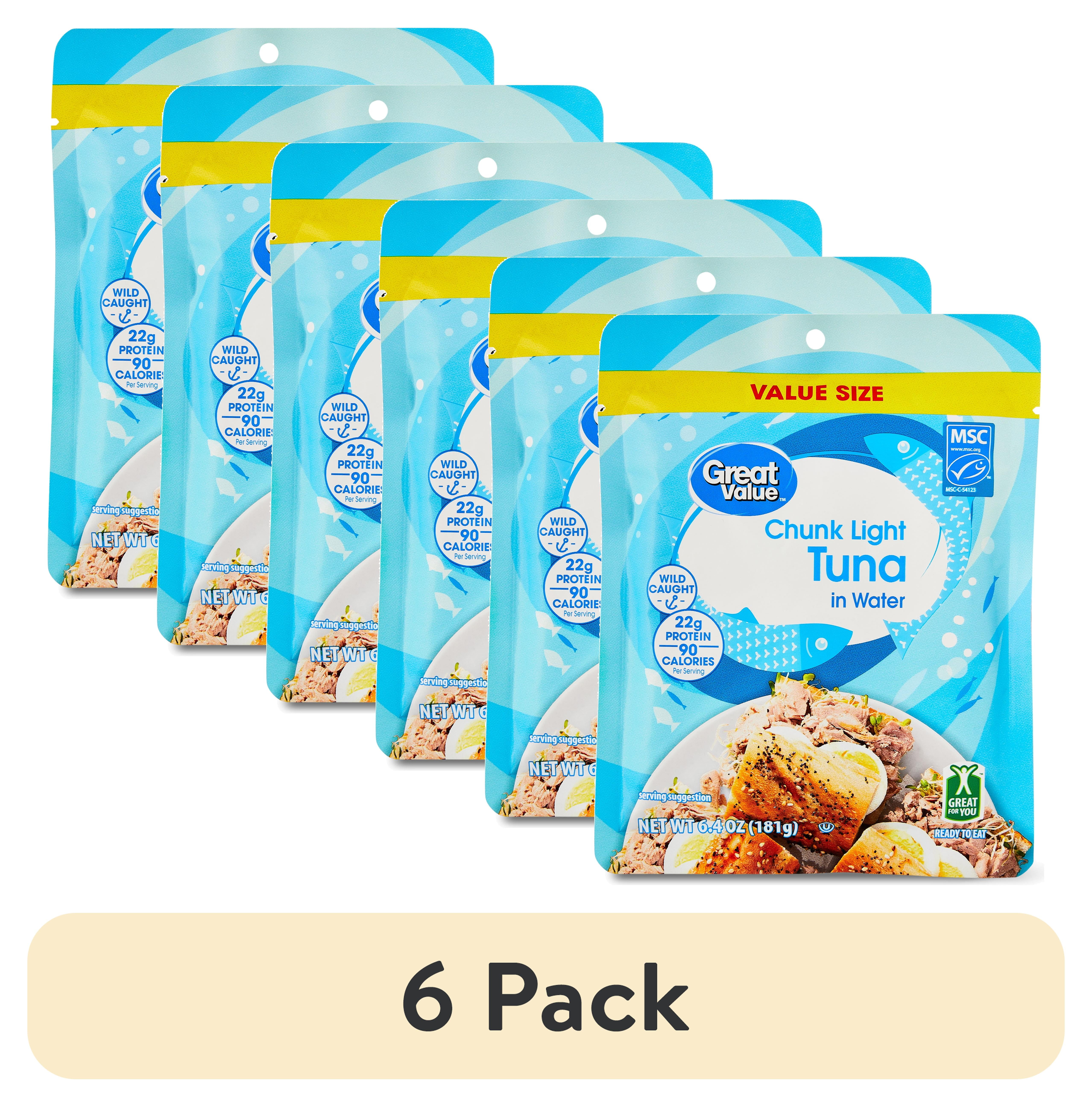 (6 pack) Great Value Premium Wild Caught Chunk Light Tuna in Water, 6.4 ...