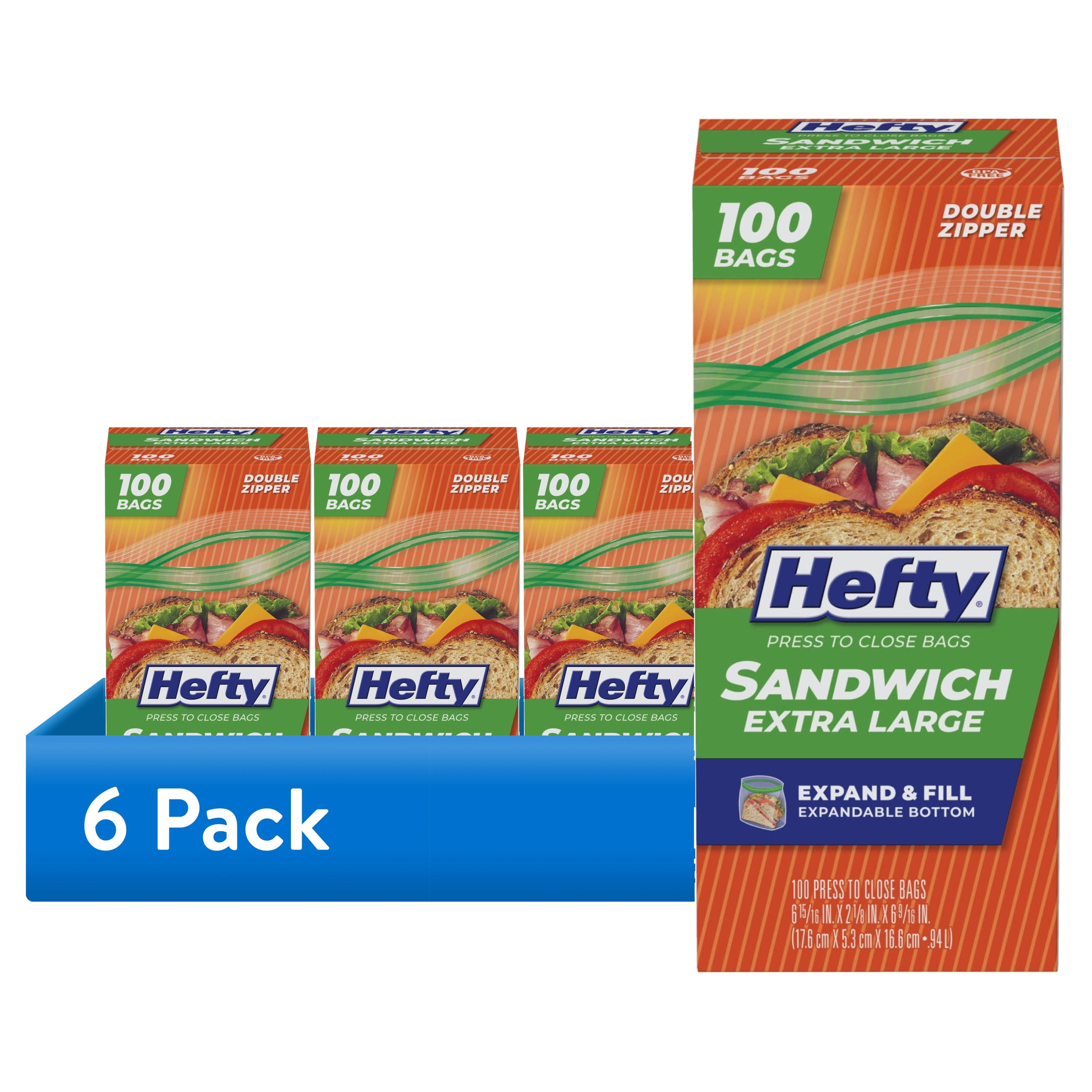(6 pack) Hefty Press to Close Plastic Bags for Food Storage, XL ...