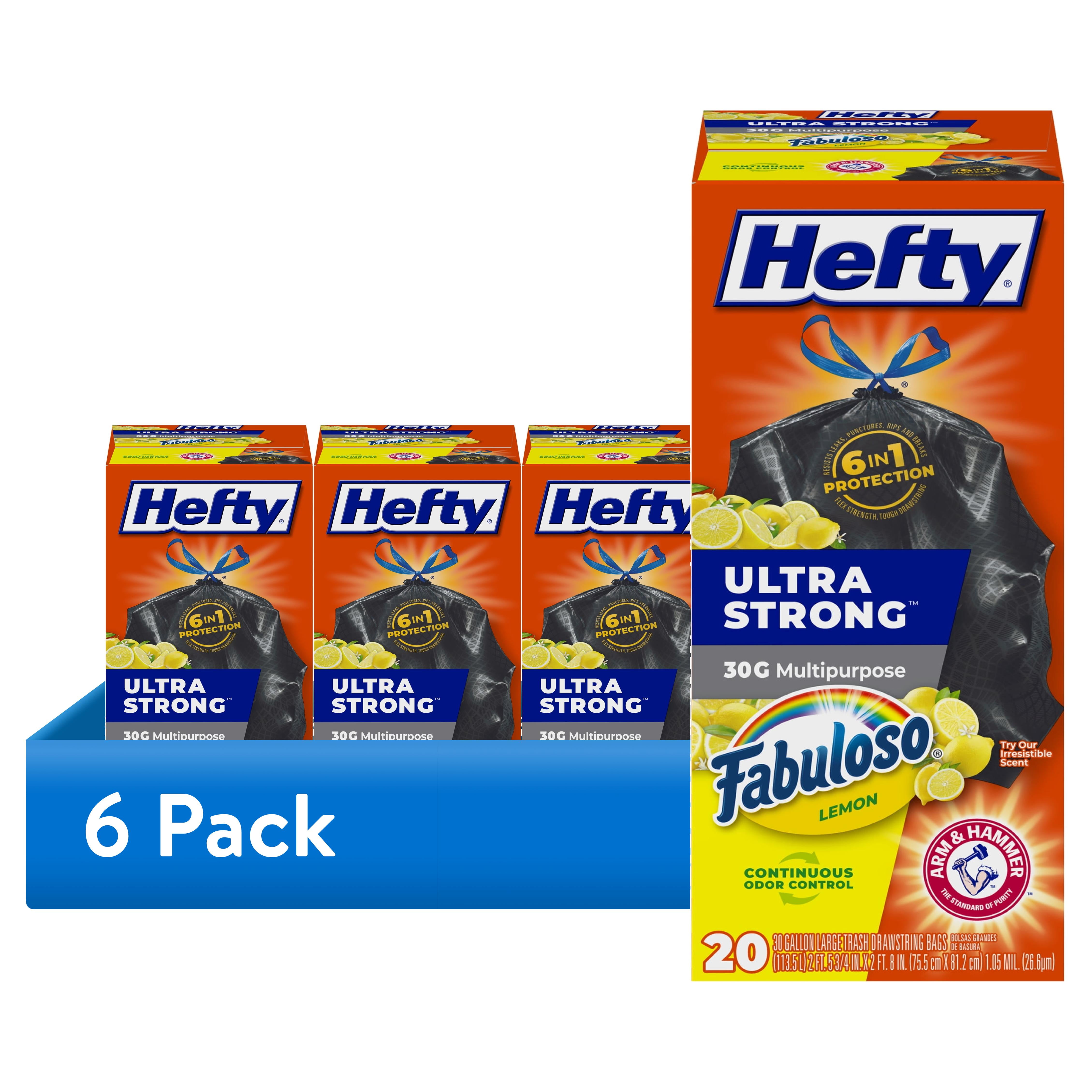 (6 pack) Hefty Ultra Strong 30 gallon Trash Bags, Black Large Trash ...