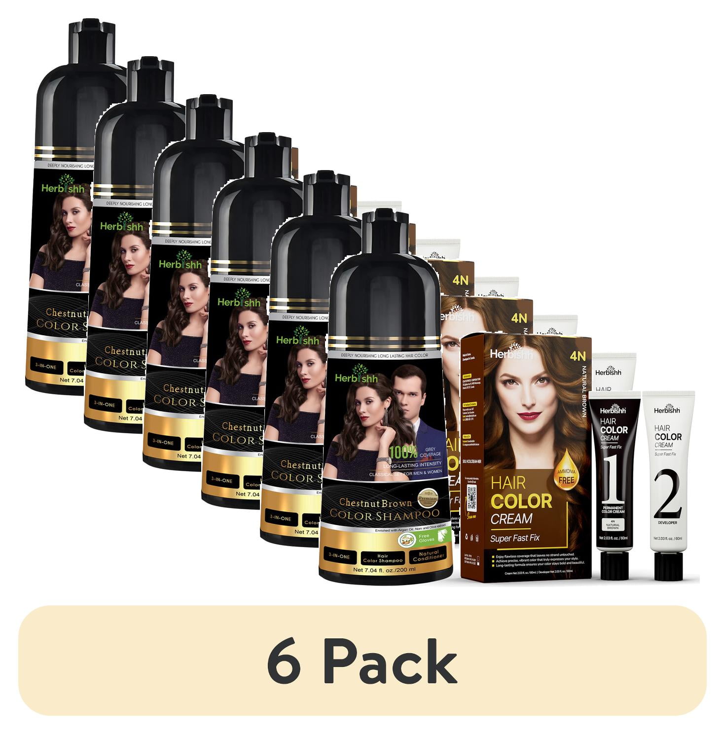 (6 pack) Herbishh Chestnut Brown Shampoo, Hair Dye Shampoo 3 in 1, 100% ...