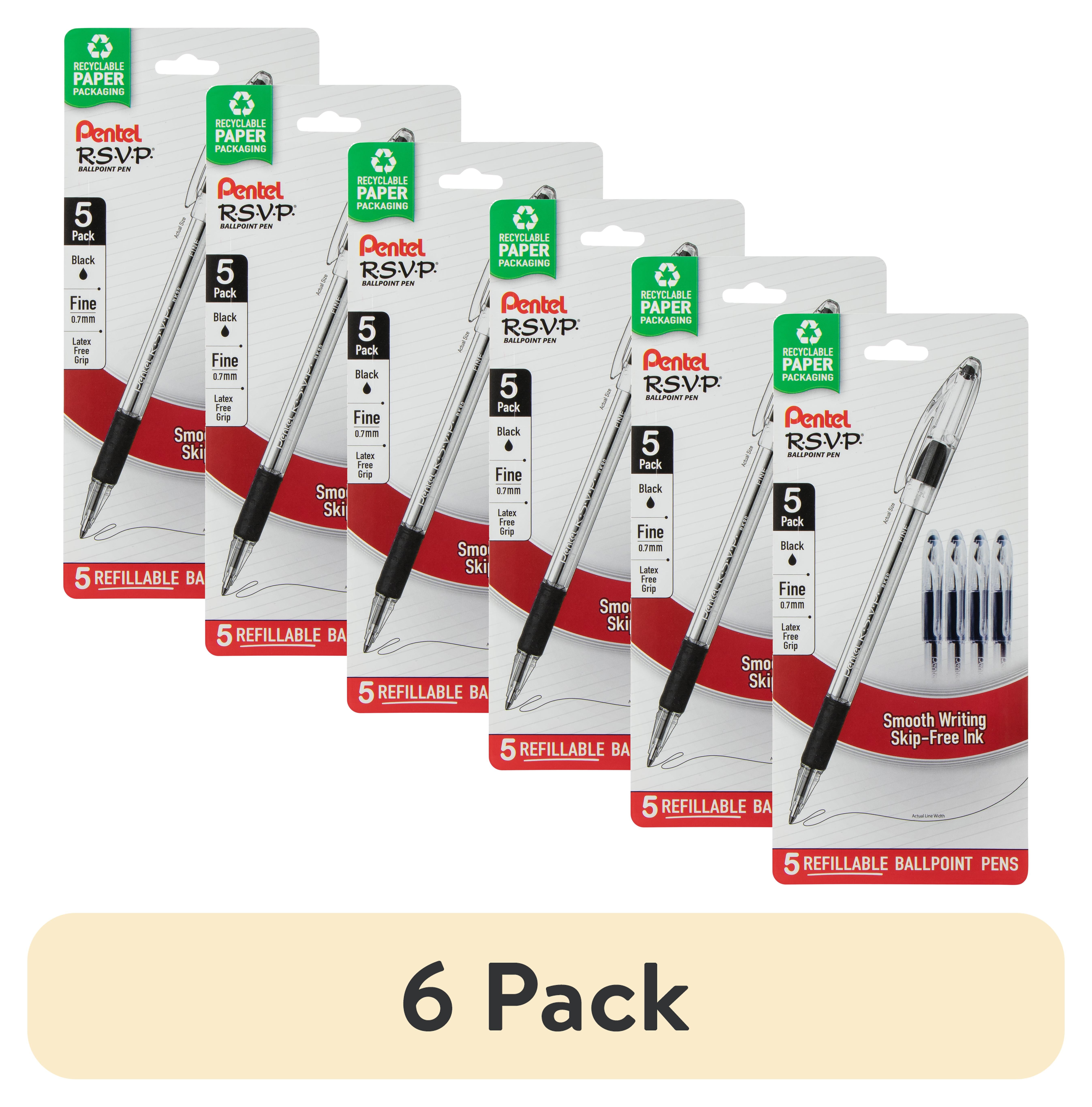 (6 pack) Pentel RSVP Ballpoint Pen, (0.7mm) Fine Line, Black Ink, 5 ...