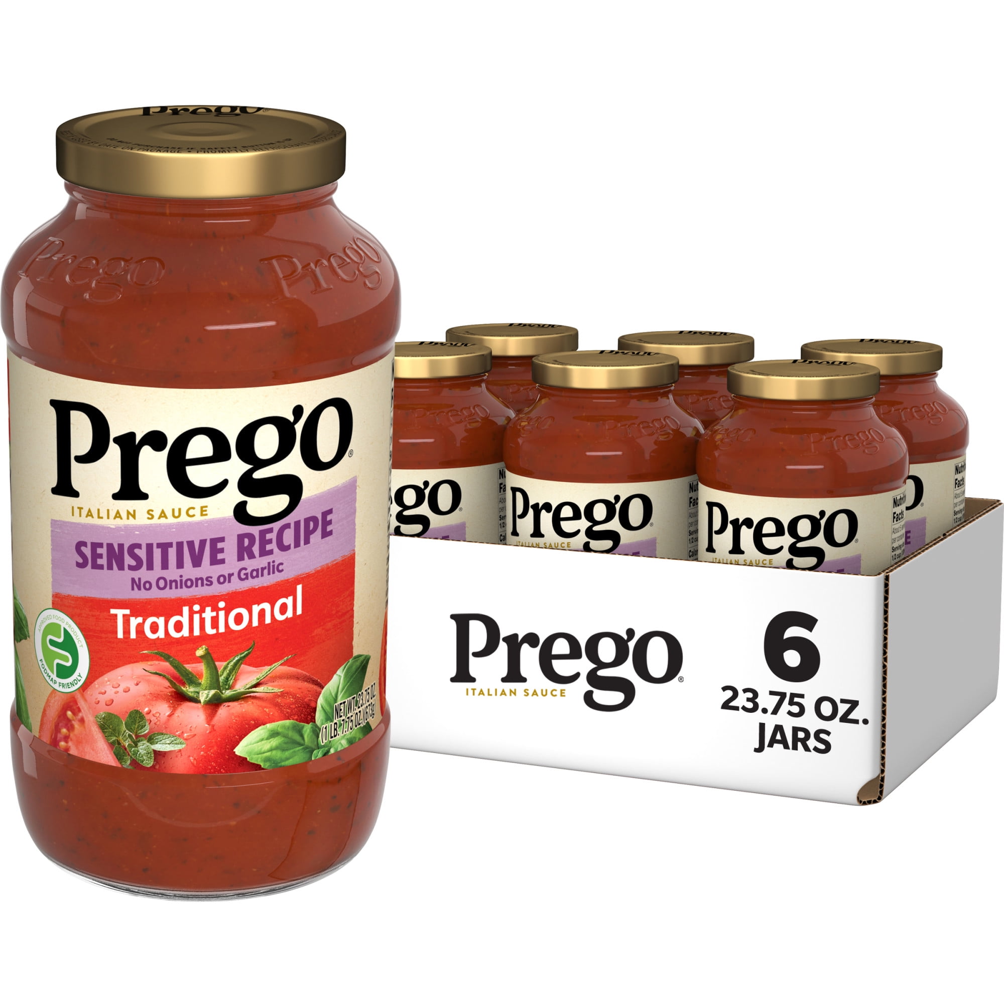 (6 pack) Prego Traditional Sensitive Recipe Low FODMAP Pasta Sauce, 23. ...
