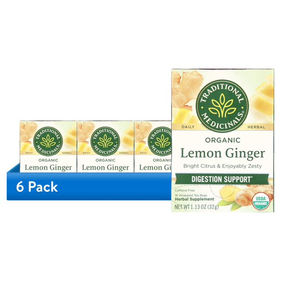 (6 pack) Traditional Medicinal Lemon Ginger, Caffeine-Free Tea Bags, 16 ...