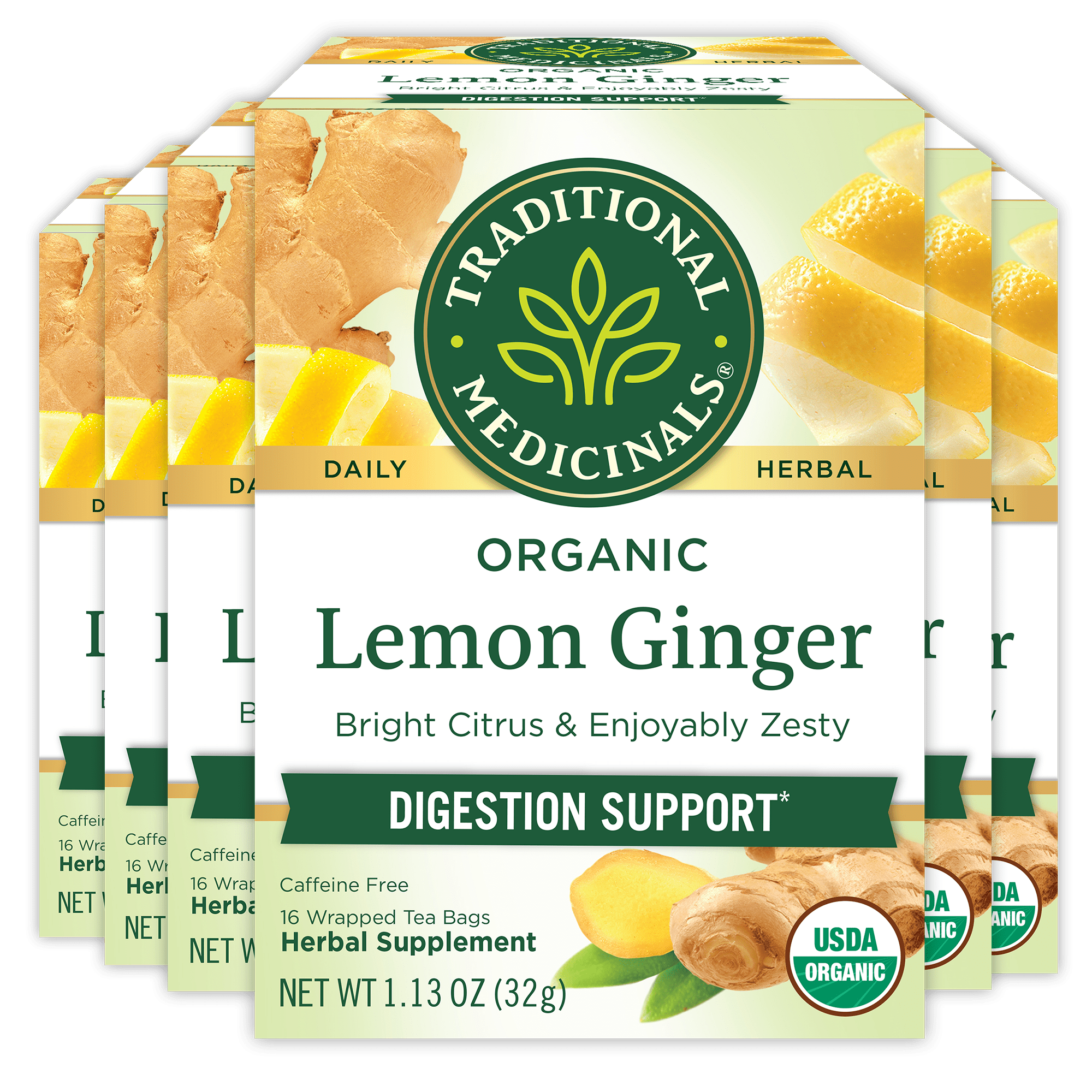 (6 pack) Traditional Medicinals Lemon Ginger Herbal Tea Bags, Caffeine ...