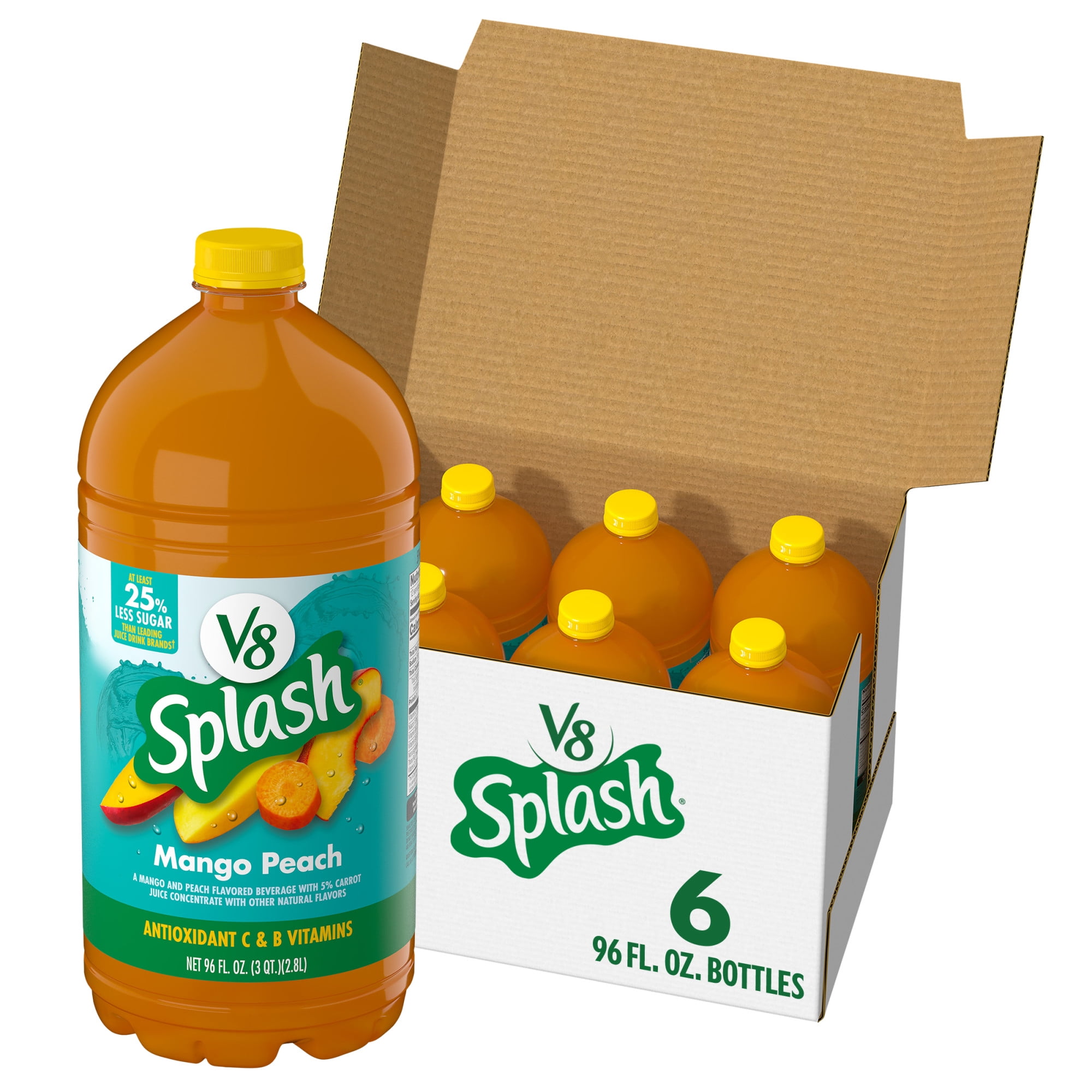 (6 pack) V8 Splash Mango Peach Flavored Juice Beverage, 96 fl oz Bottle ...