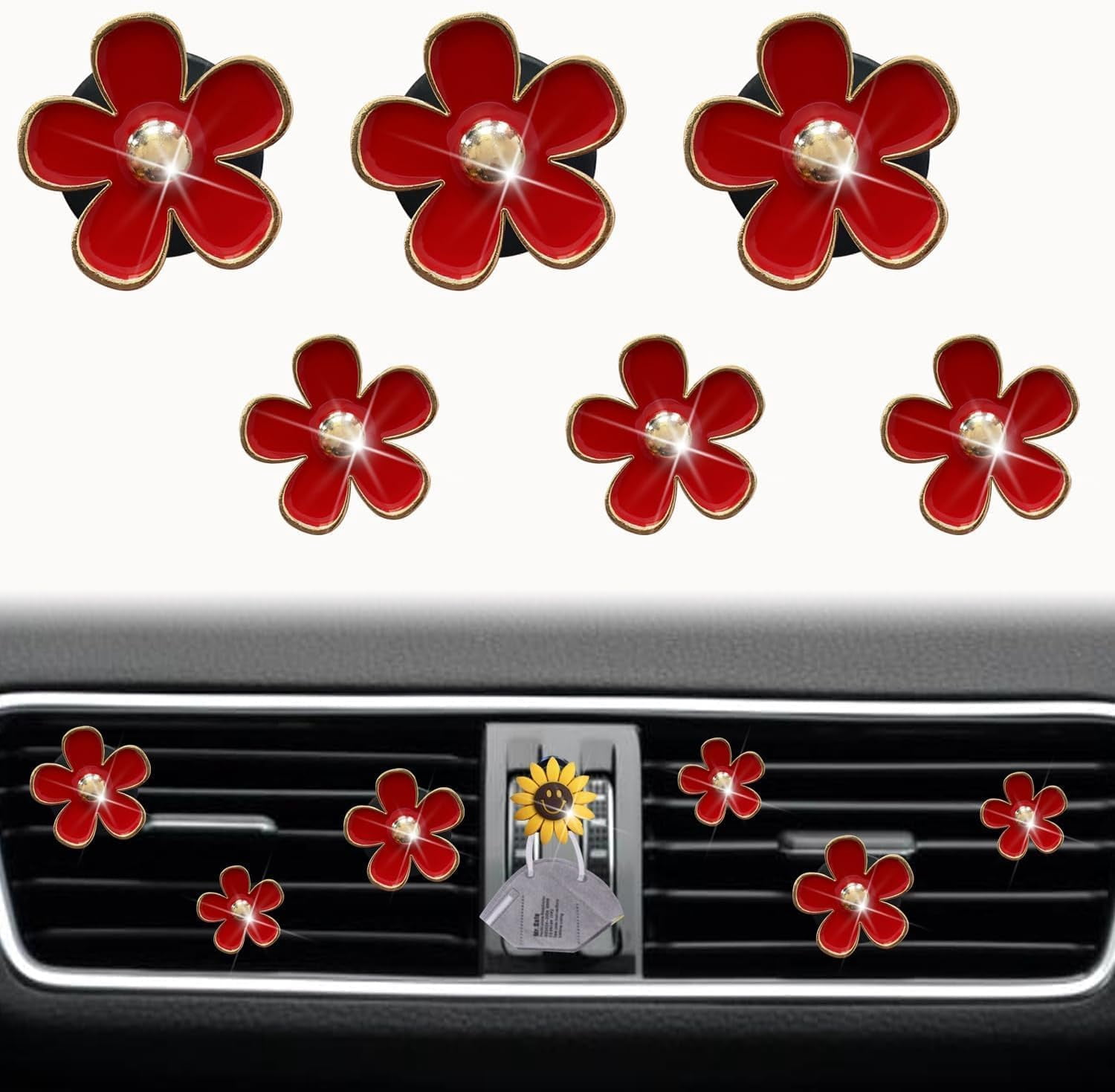 6-pack red cute daisy car vent clips, flower outlet clips car air ...