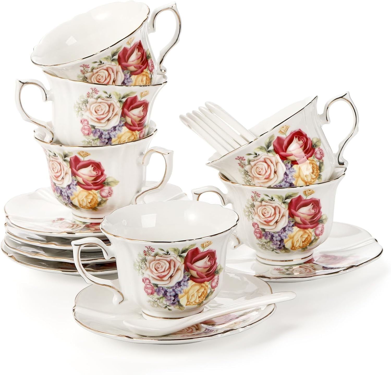 6-pack tea cups and saucers, 8-ounce floral ceramic coffee cup set with ...