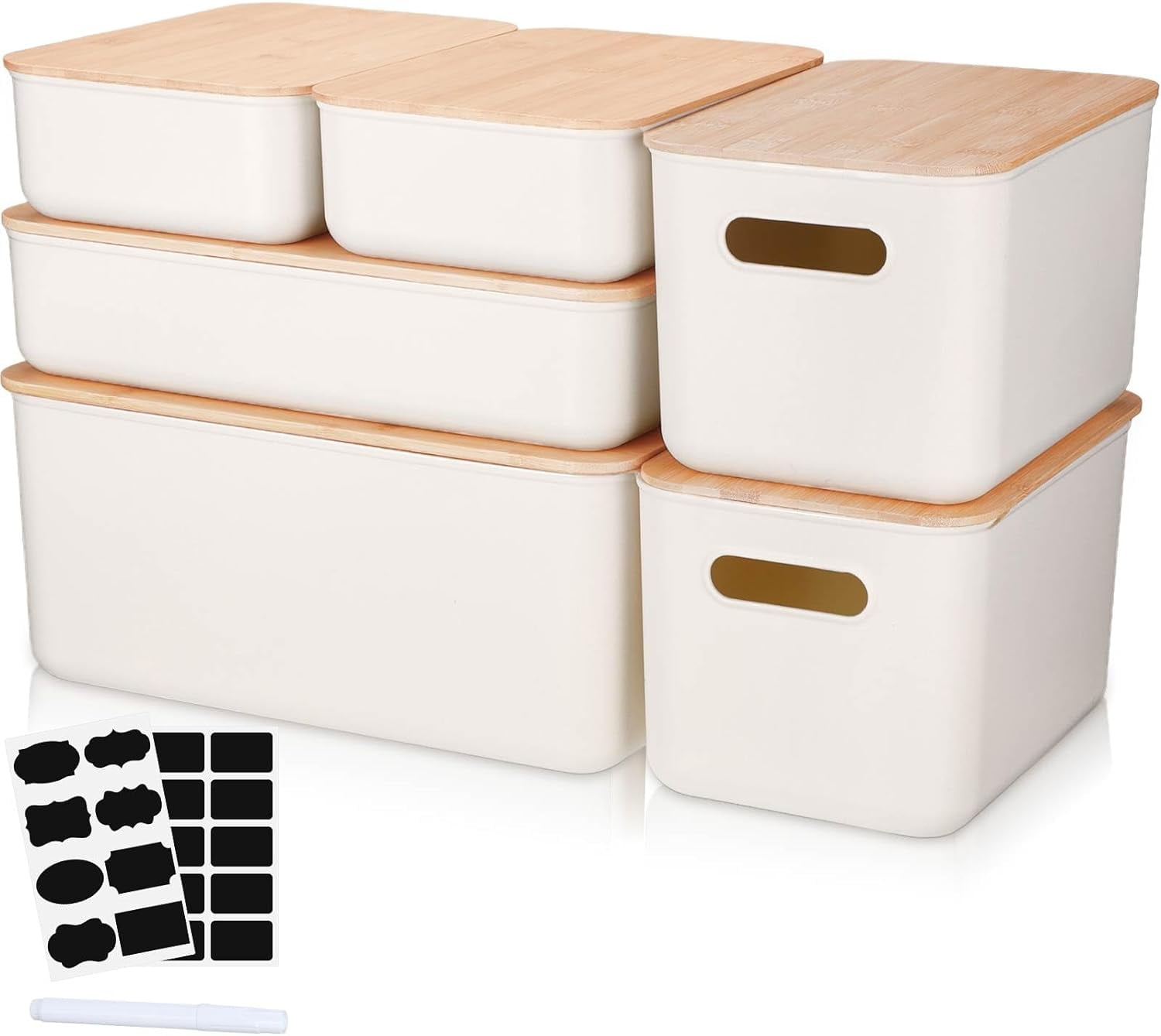 6 packs Plastic Storage Bins with Bamboo Lids Stackable Storage ...