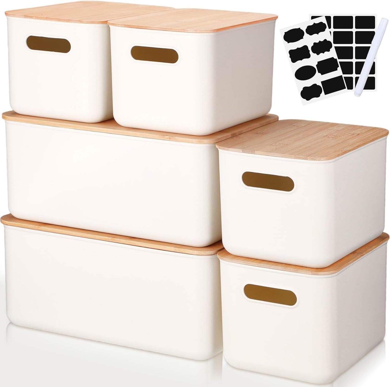 6 packs Plastic Storage Bins with Bamboo Lids Stackable Storage ...