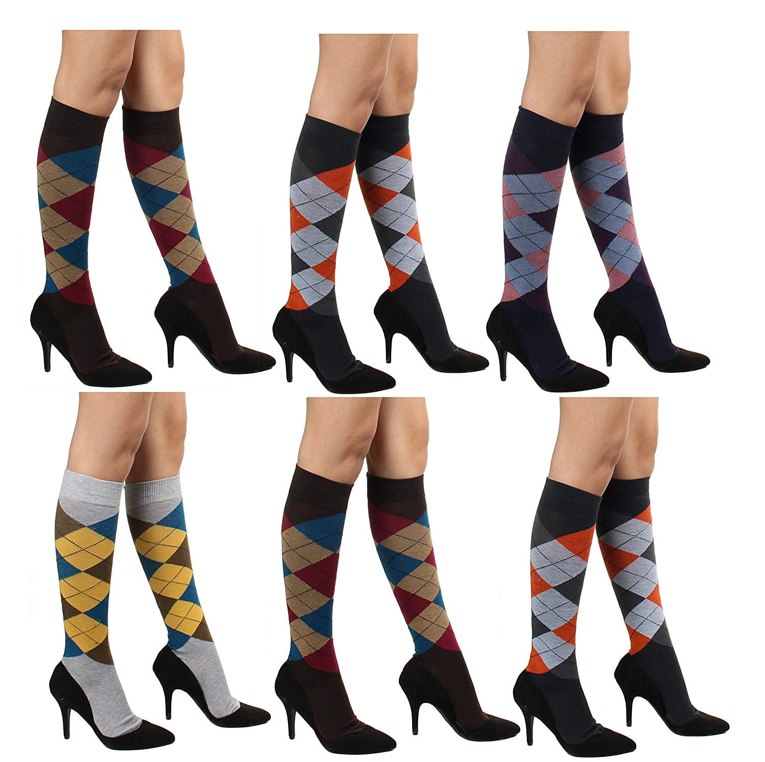 6 pairs women's cotton fancy design multi color knee high socks (dark ...