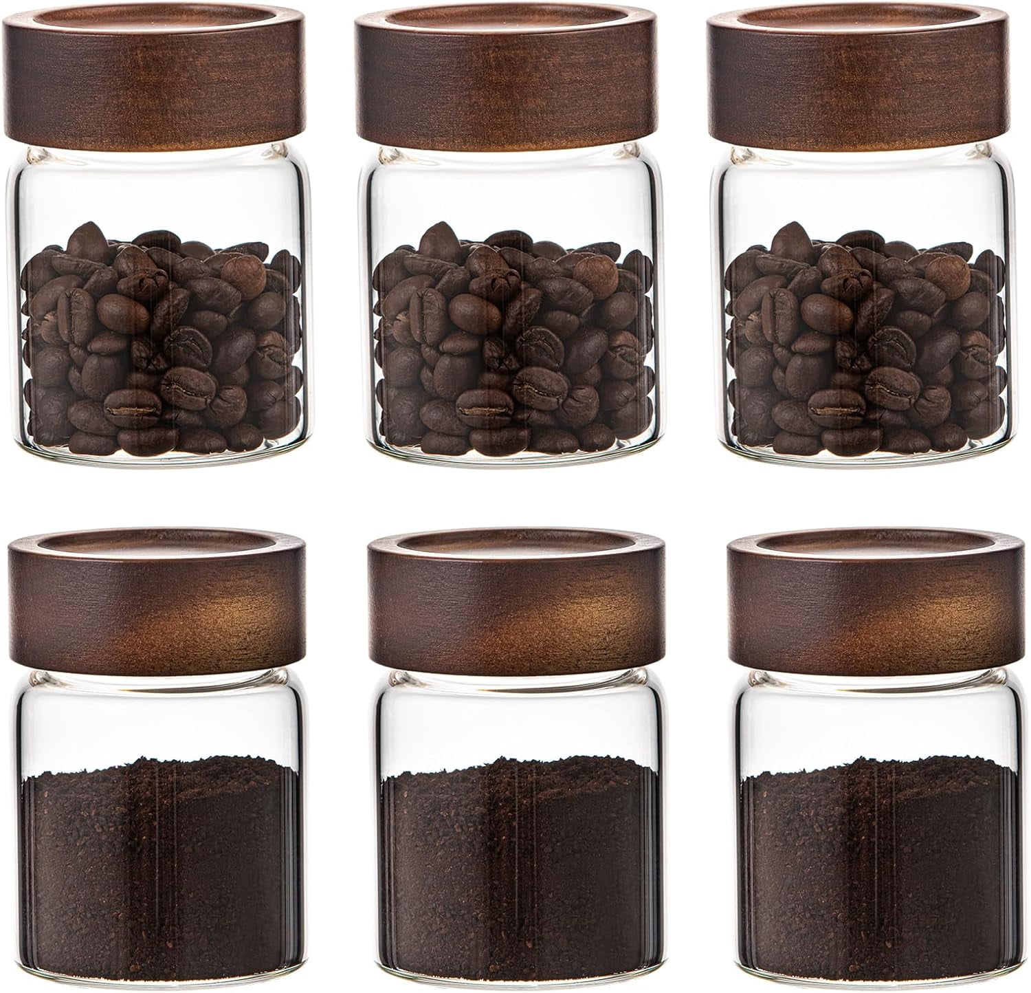 6 pc Glass Spice jars Jars with Screw Lid 5 oz Acacia Wood Herb Sugar ...