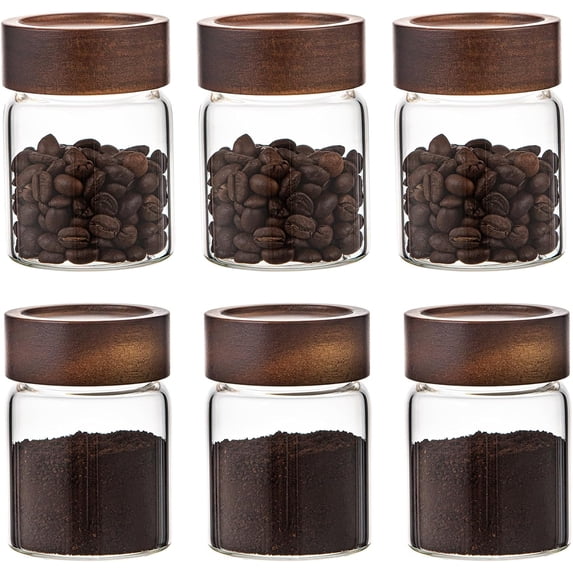6 pc Glass Spice jars Jars with Screw Lid 5 oz Acacia Wood Herb Sugar ...