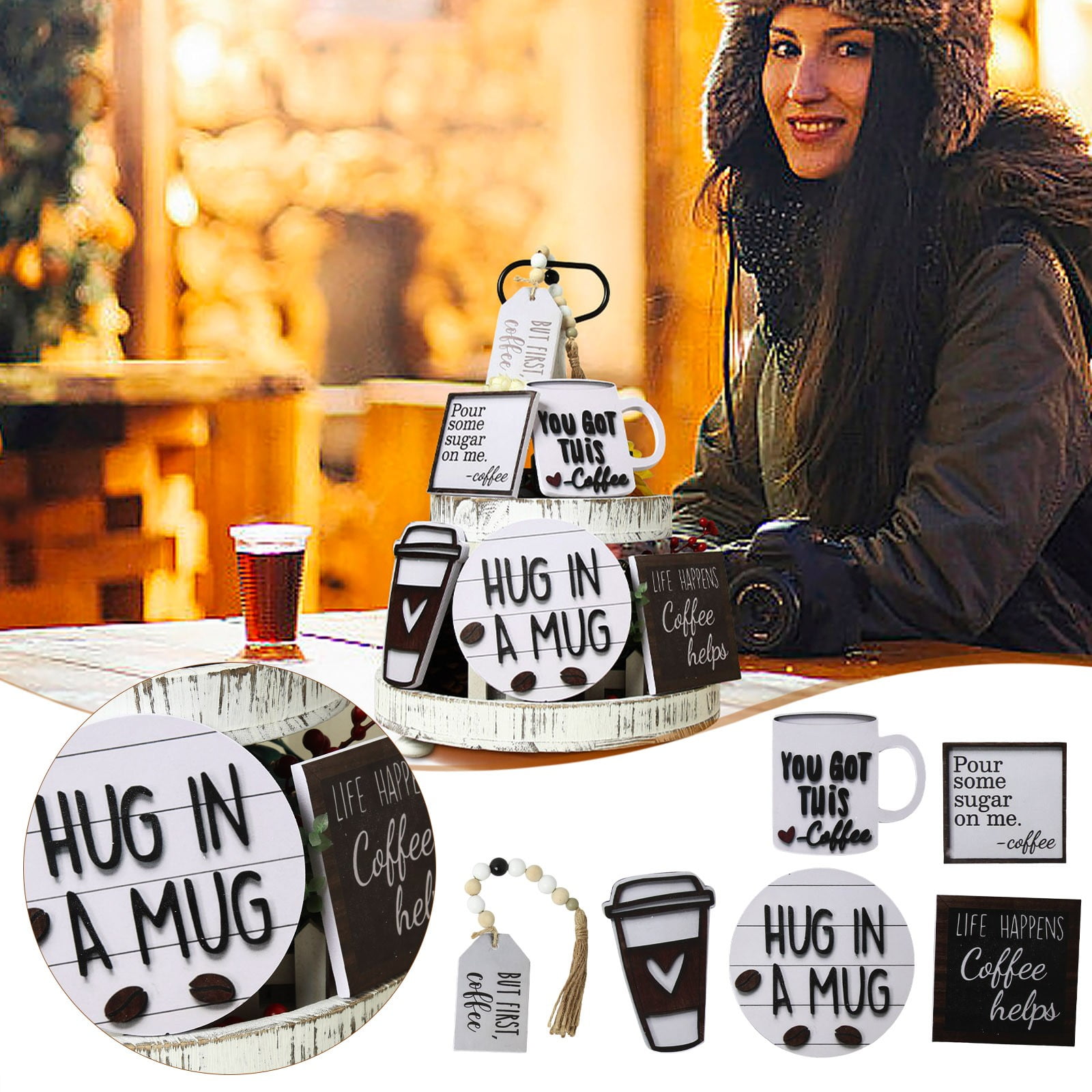 6 pcs Coffee Tiered Tray Decor Coffee Bar Wooden Signs,Wooden Bead ...