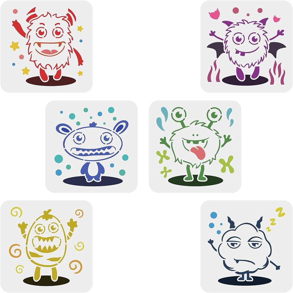 6 pcs Cute Monsters Stencil 15x15cm Reusable Cartoon Monsters Drawing ...