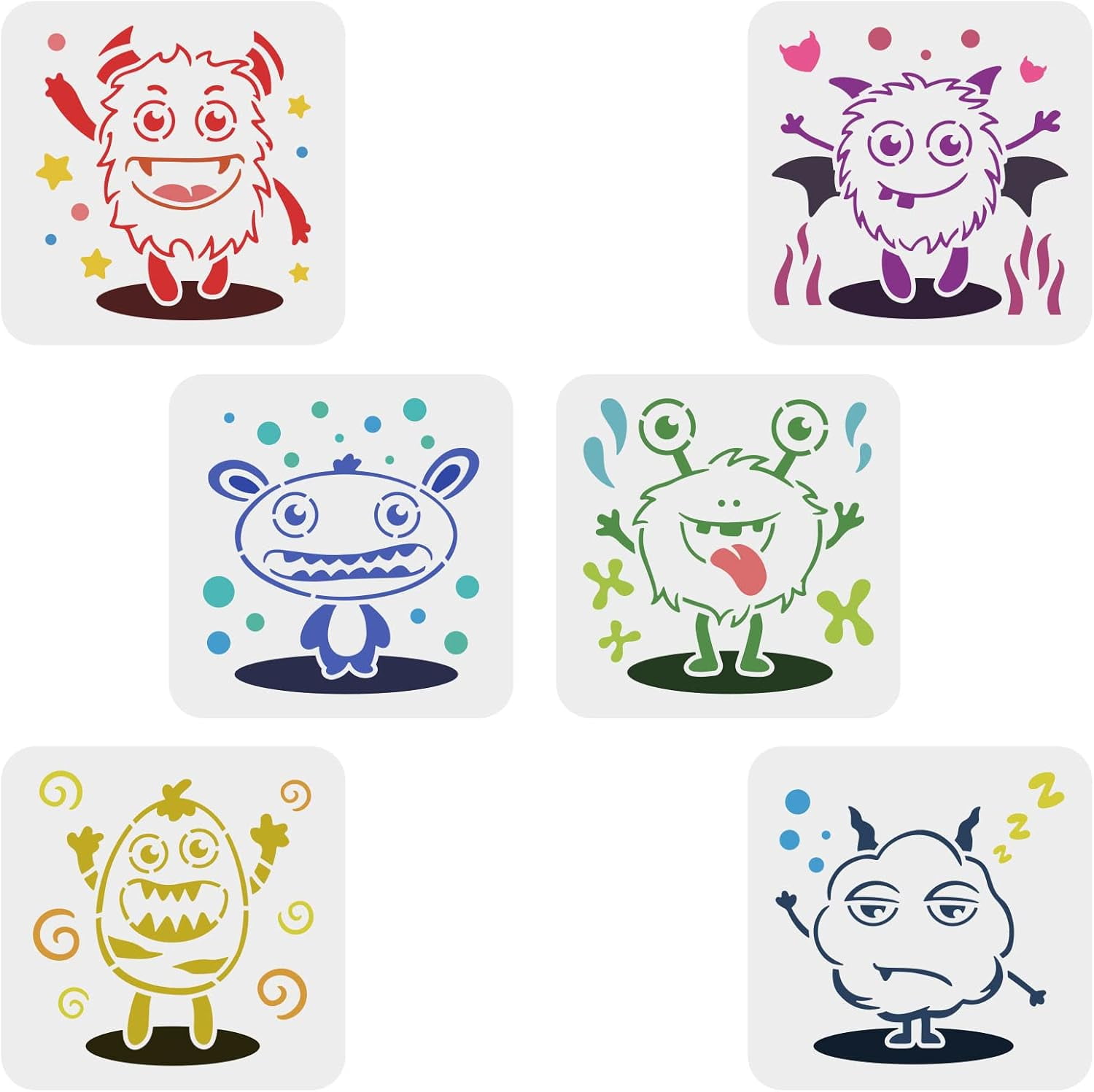 6 pcs Cute Monsters Stencil 5.9x5.9inch Reusable Cartoon Monsters ...