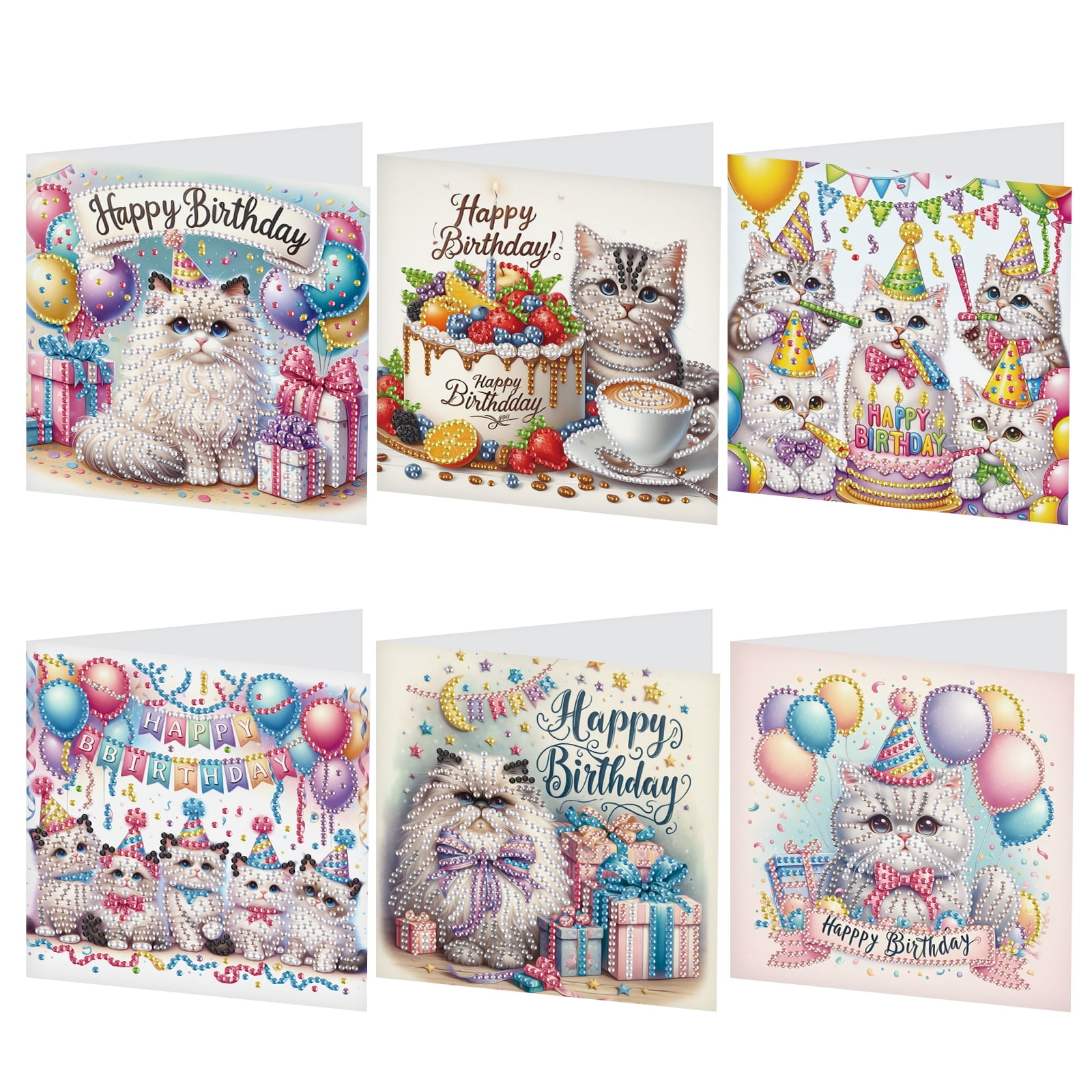 6 pcs Diamond Art Painted Greeting Card, Birthday Gift Kitten 5D DIY ...