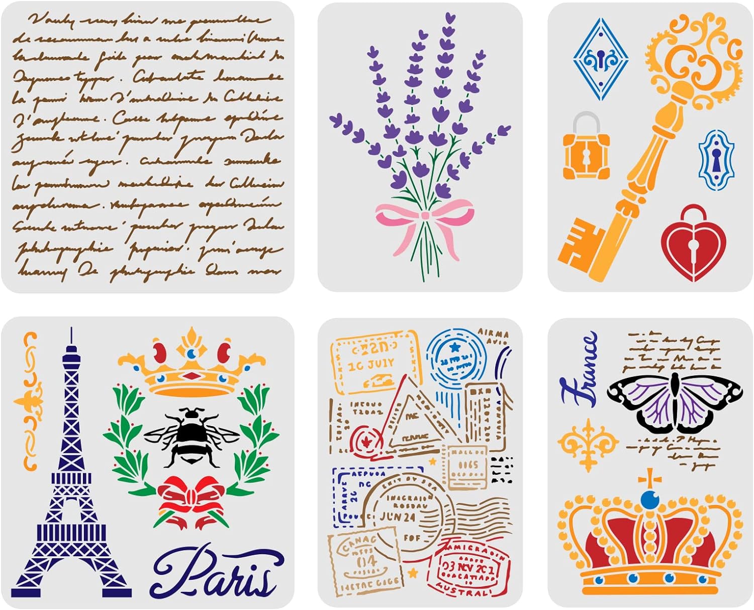 6 pcs French Writing Stampp Painting Stencil 2 Size Eiffel Tower ...