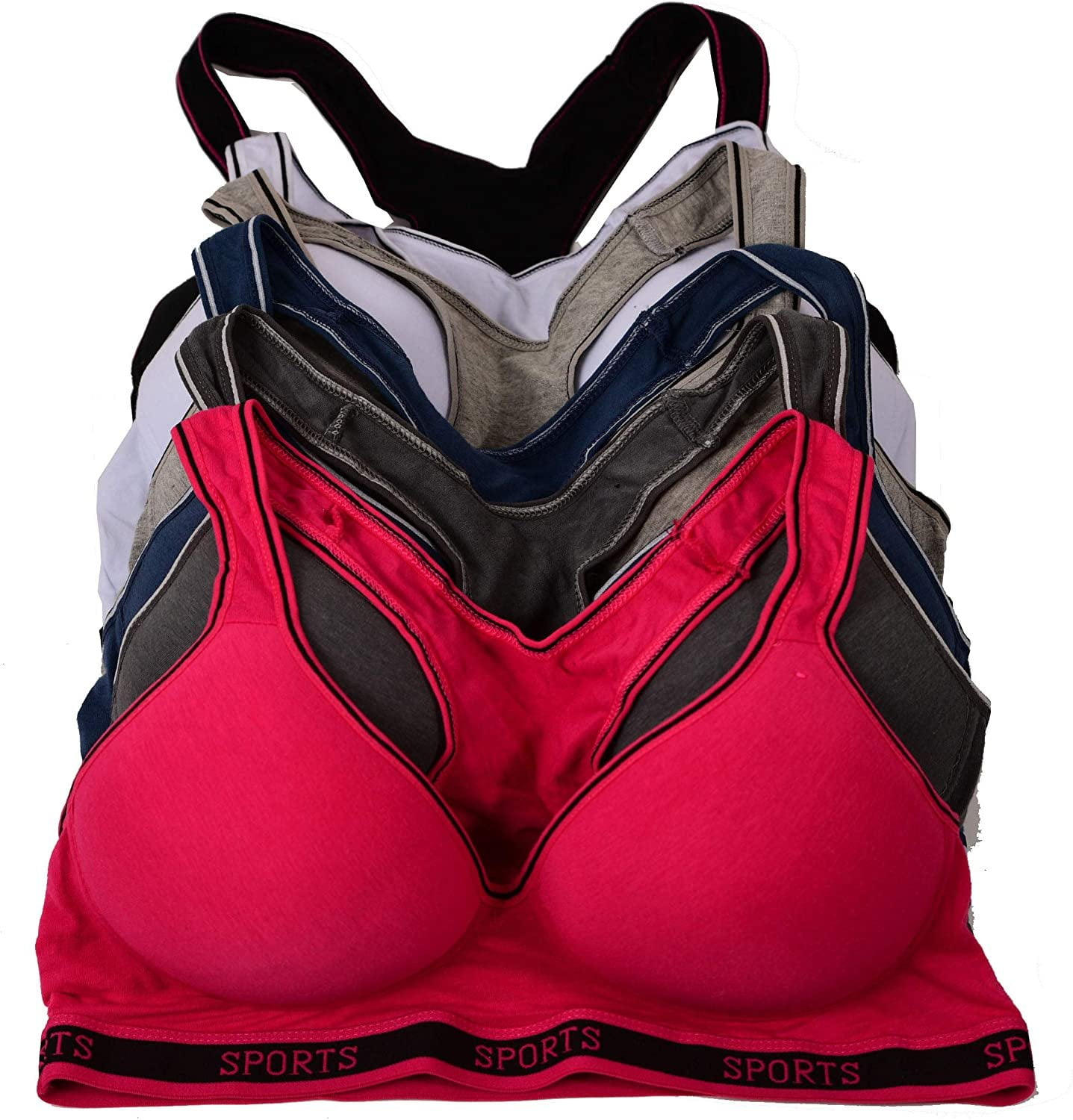 6 pcs Wire Free Gym Light Padded Raceback Cotton Sports Bra B/C/D Cup ...