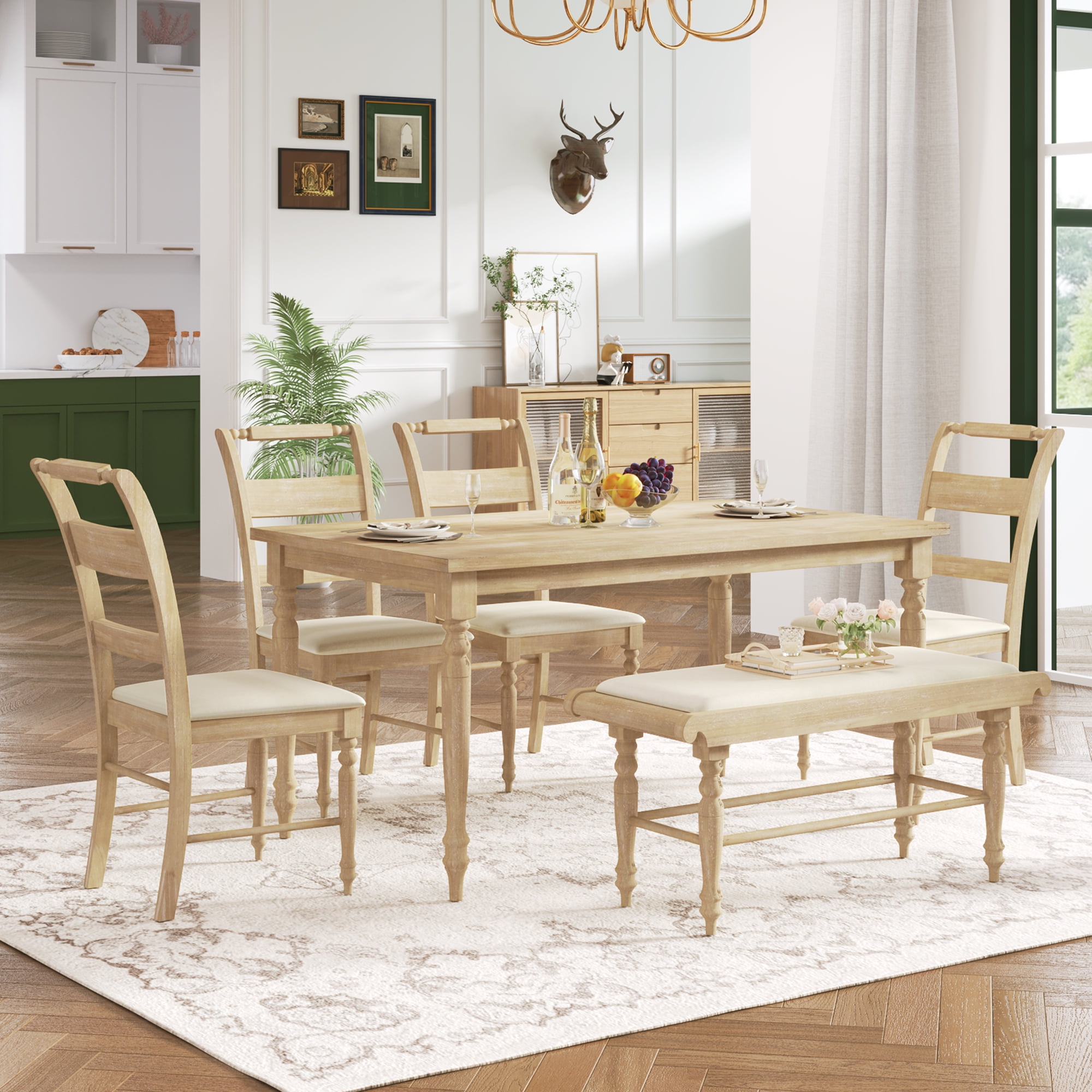 6-peice Dining Set with Turned Legs, Kitchen Table Set with Upholstered ...