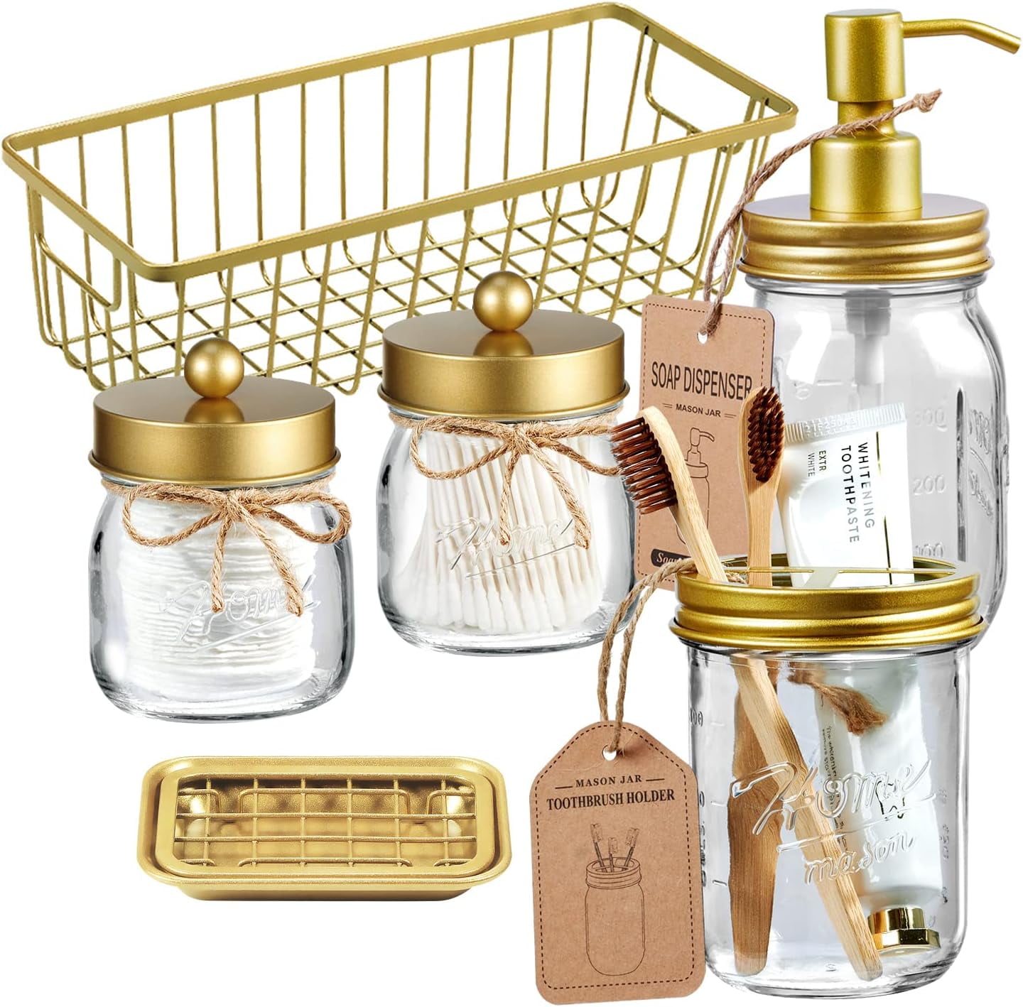 6-piece Mason Jar Bathroom Accessories Set Complete - Toothbrush Holder ...