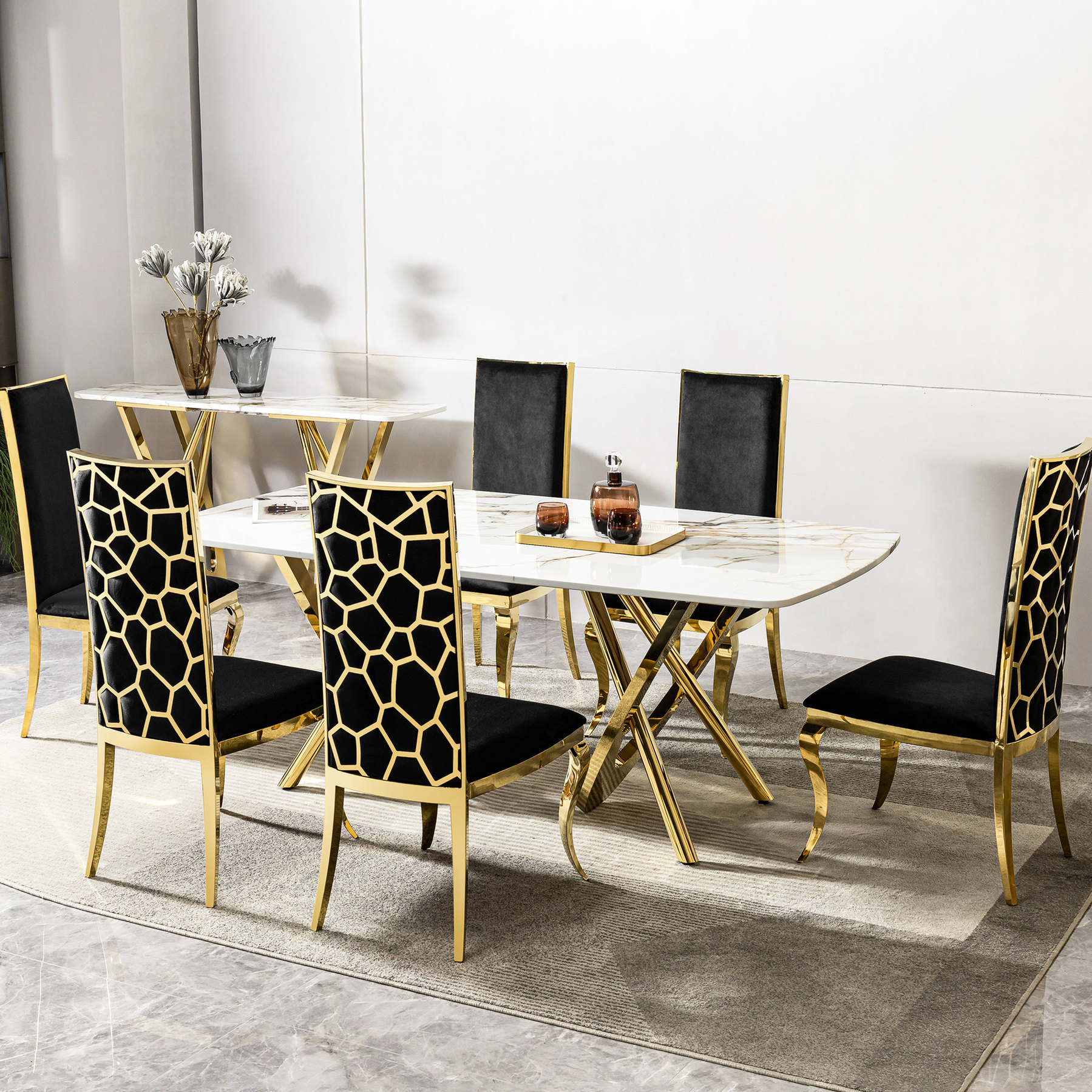 Set of 6, stainless steel frame, marble table - modern snake-like ...