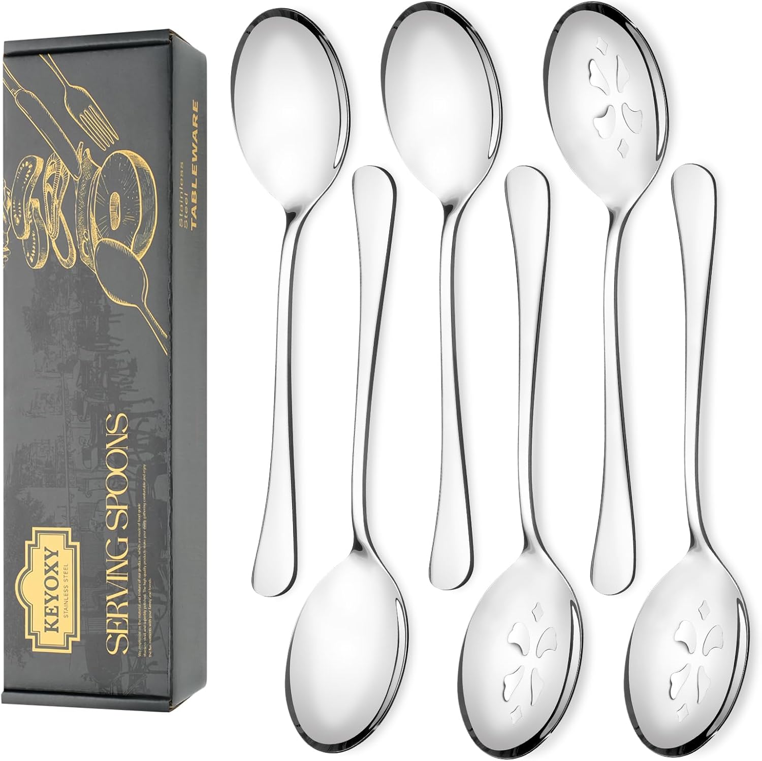 6-piece stainless steel serving spoon set - 3 large, 3 perforated ...