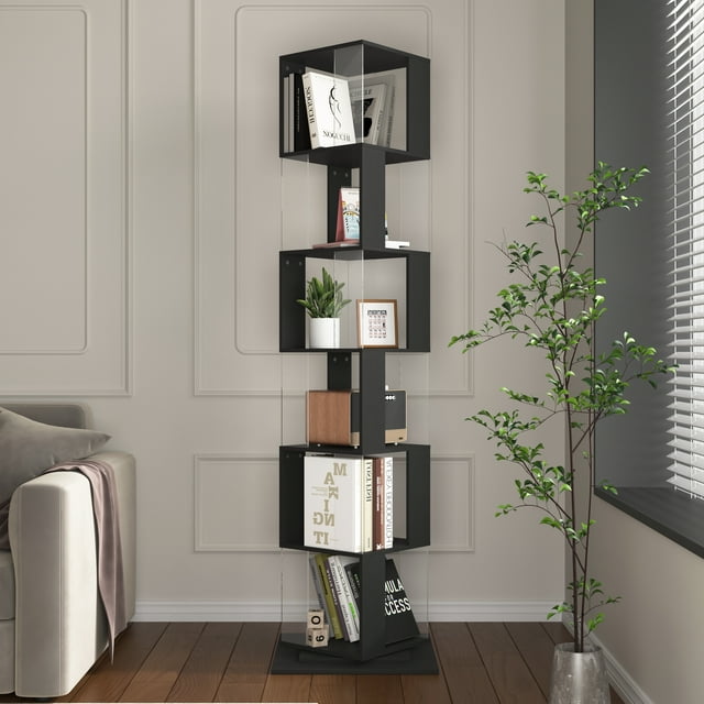 6 tier Rotating Bookshelf, Floor Rack Simple Bookcase with Acrylic plate Student Multi-Function ...