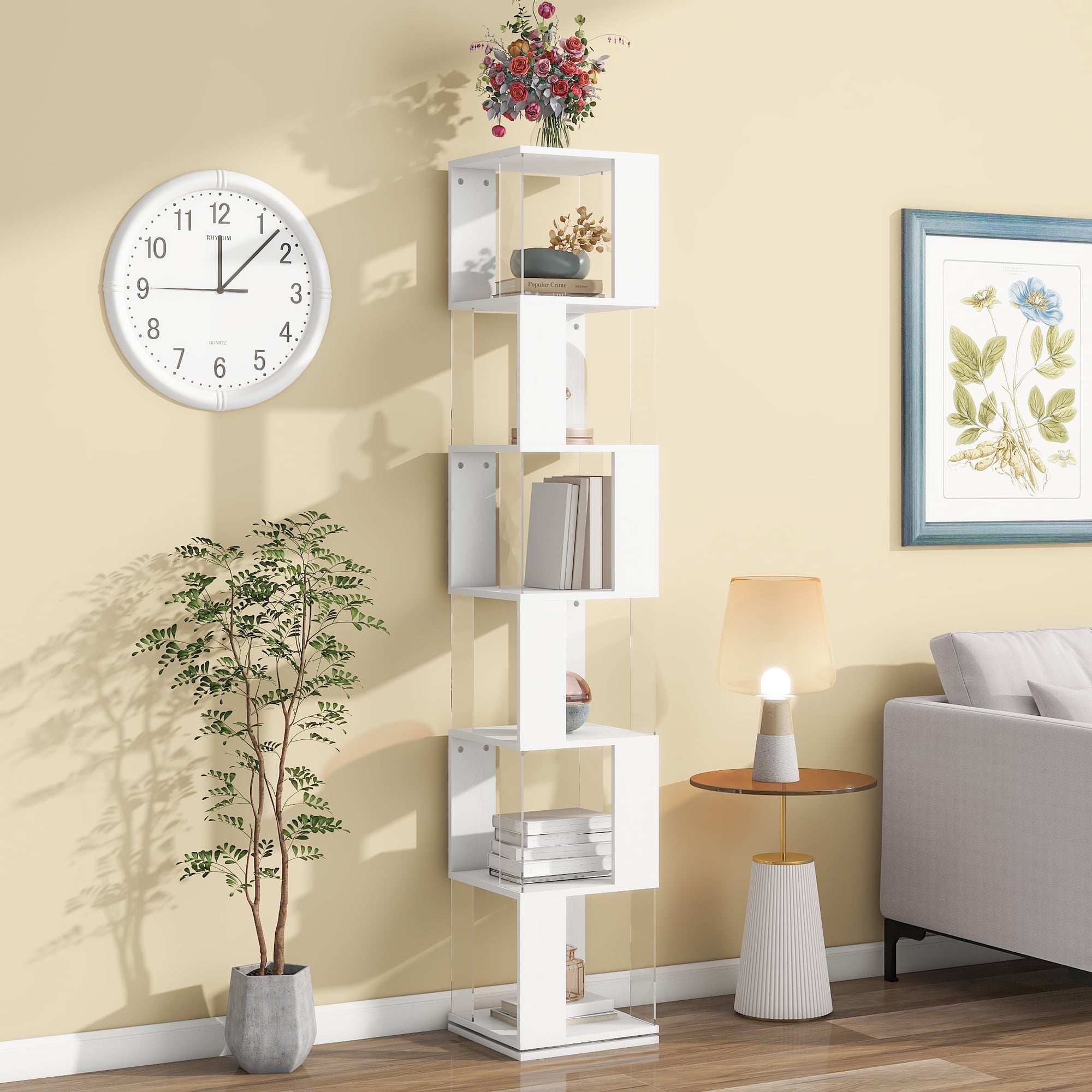 6 tier Rotating Bookshelf, Floor Rack Simple Bookcase with Acrylic plate Student Multi-Function ...