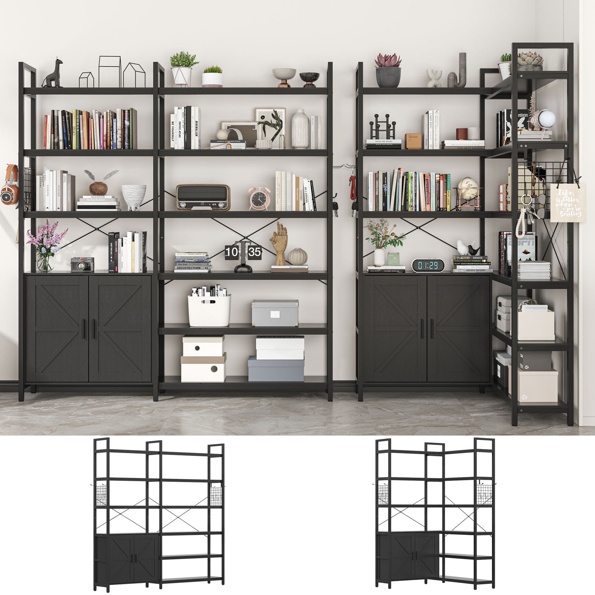 Nosepen 6-tire Farmhouse Black Corner Book Shelf with 2 Barn Doors and ...