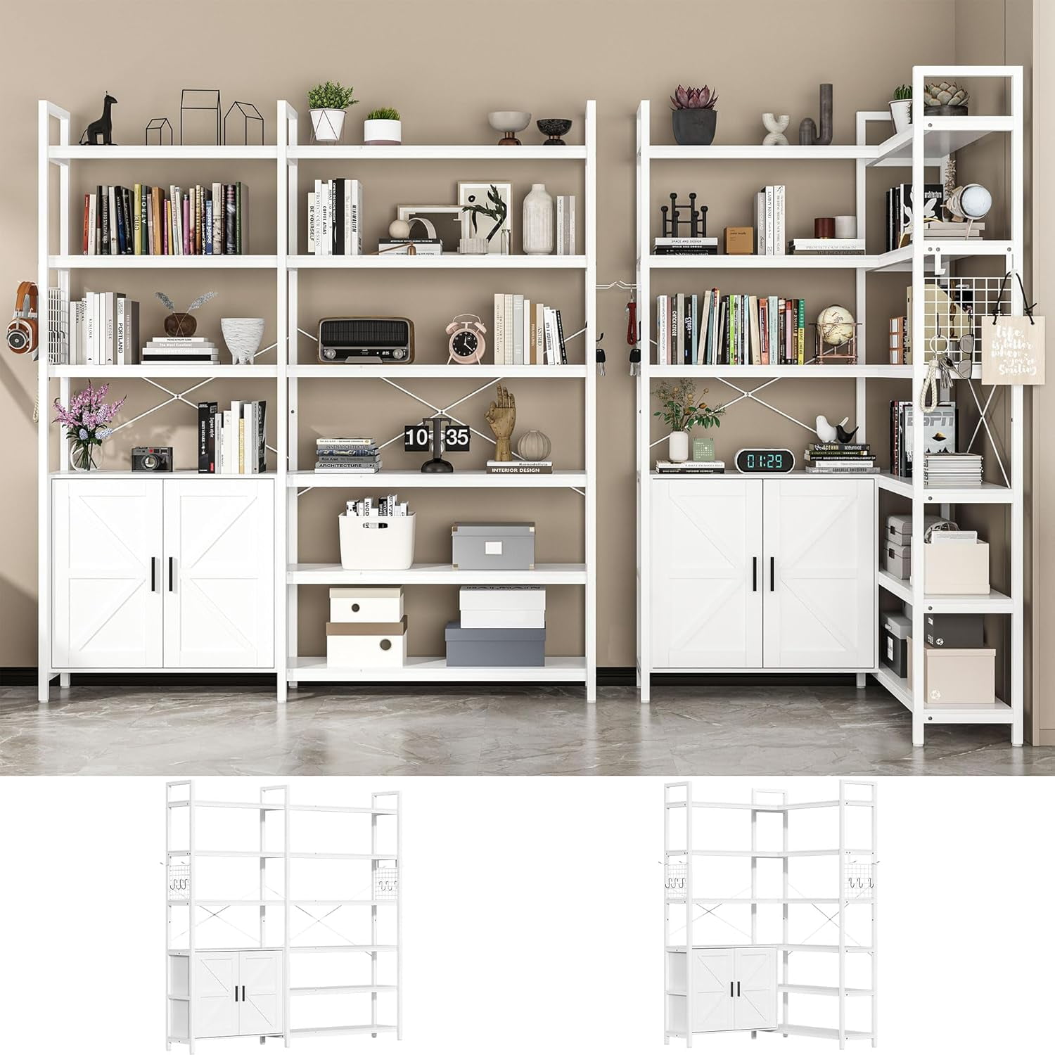 6-tire Farmhouse White Corner Book Shelf with 2 Barn Doors and 10 ...