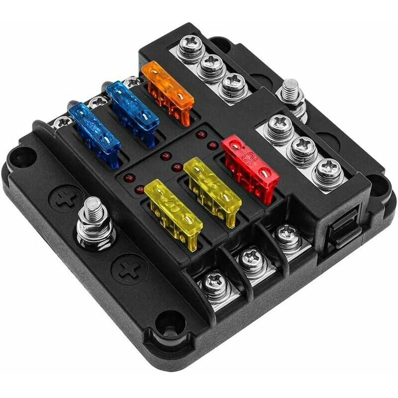 6-way 12V fuse box, fuse holder, fuse panel with 16 fuses, 6 LED lights ...