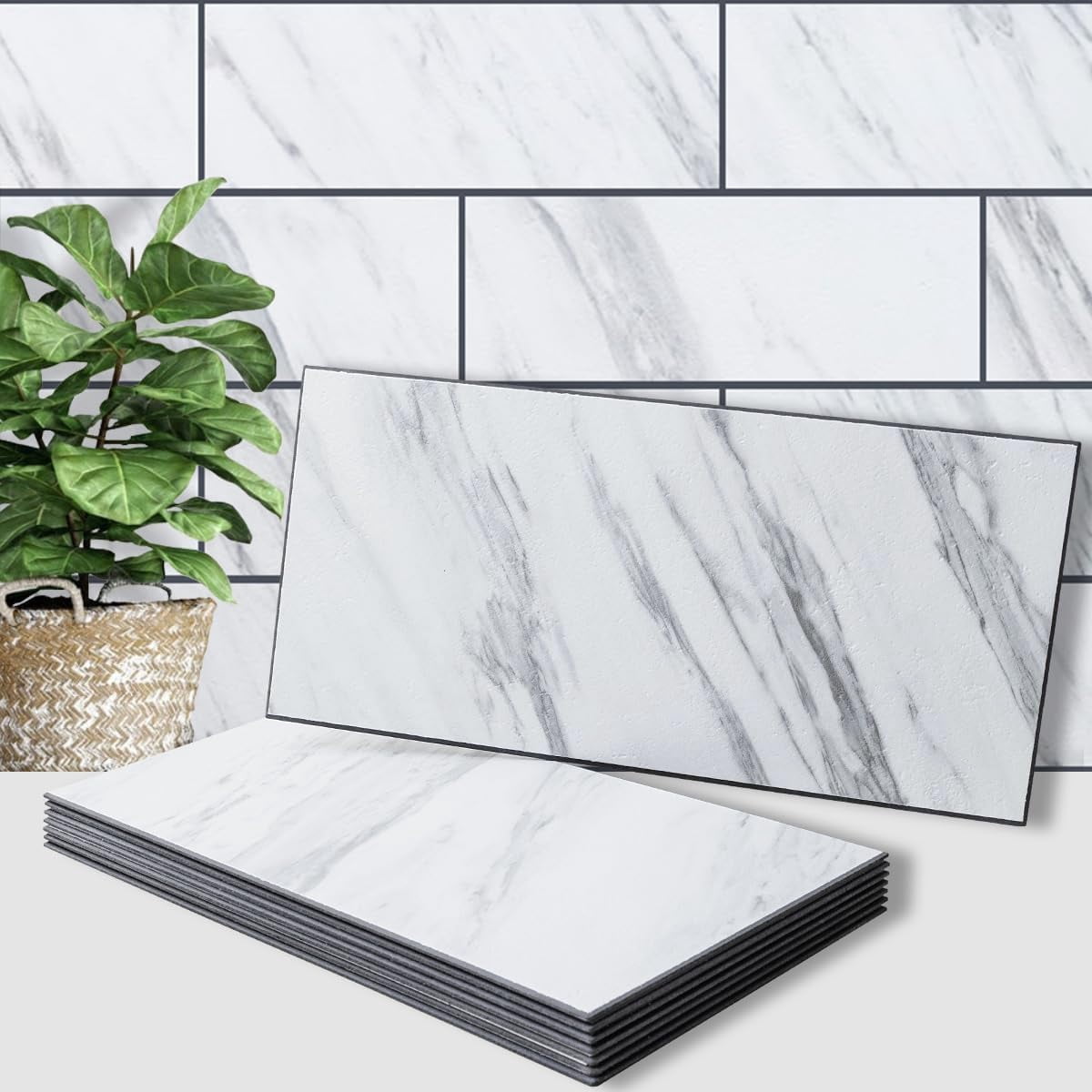 6" x 12" White Marble Peel and Stick Backsplash Wall Tiles, PVC Faux ...