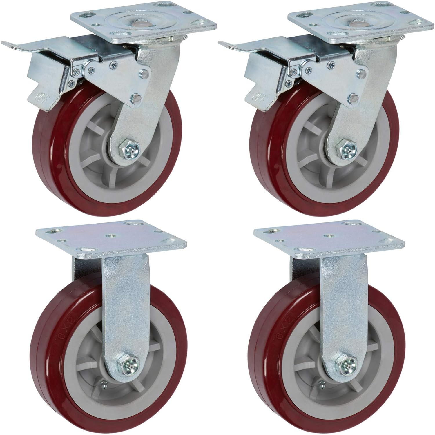 6" x 2" Pro-Tech Polyurethane Heavy Duty Maroon Casters | Top Plate 4 ...