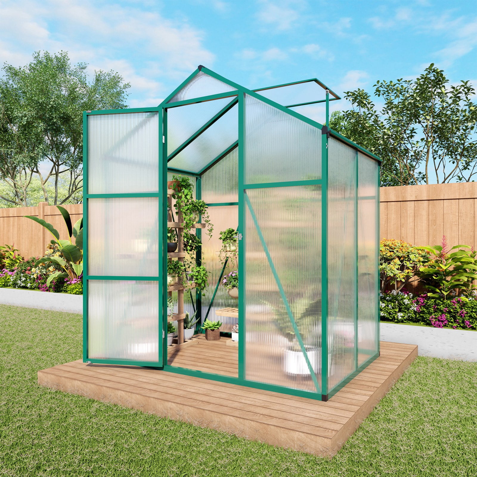 6 x 4 FT Greenhouse, Polycarbonate Green House with Roof Air Vent ...