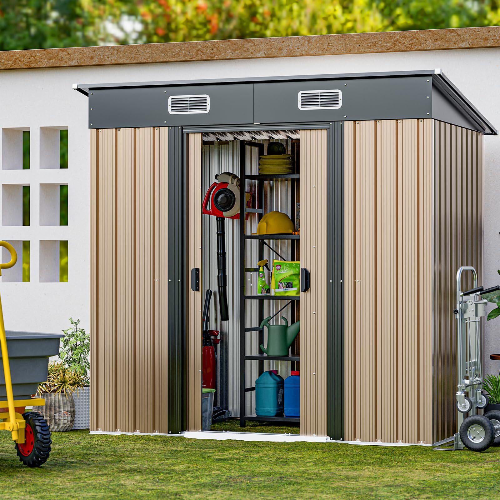 6 x 4 FT Metal Garden Shed with Double Doors, Outdoor Tool Shed Outside ...