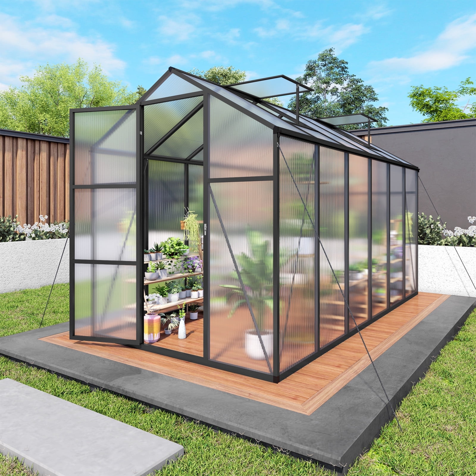 6 x12 FT Greenhouse, Polycarbonate Green House with Roof Air Vent ...