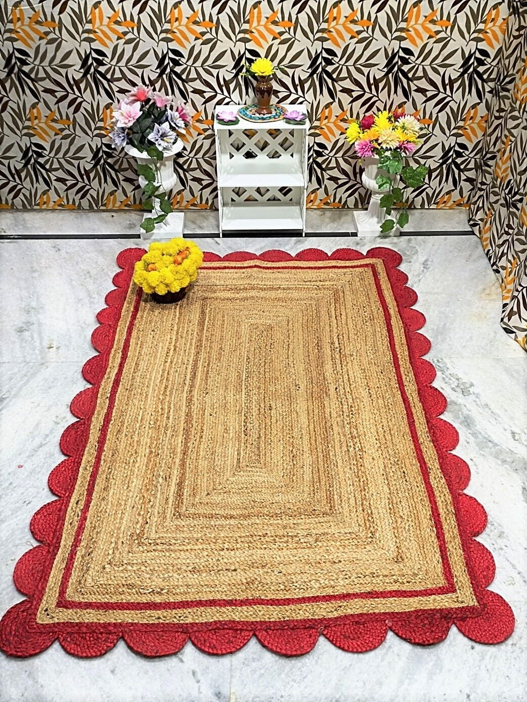 6 x 6 Feet Square ( 180 cm x 180 cm ) Natural Jute with Red Scalloped ...