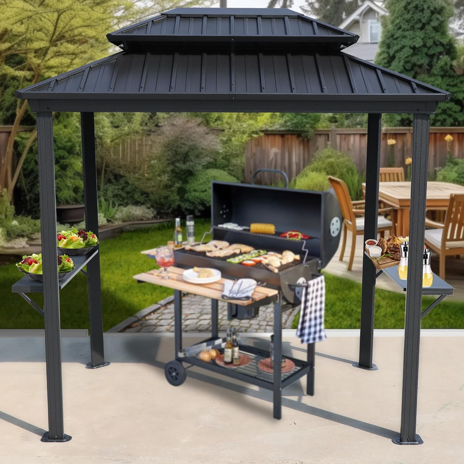6' x 8' BBQ Hardtop Grill Gazebo with Double Galvanized Metal Roof ...