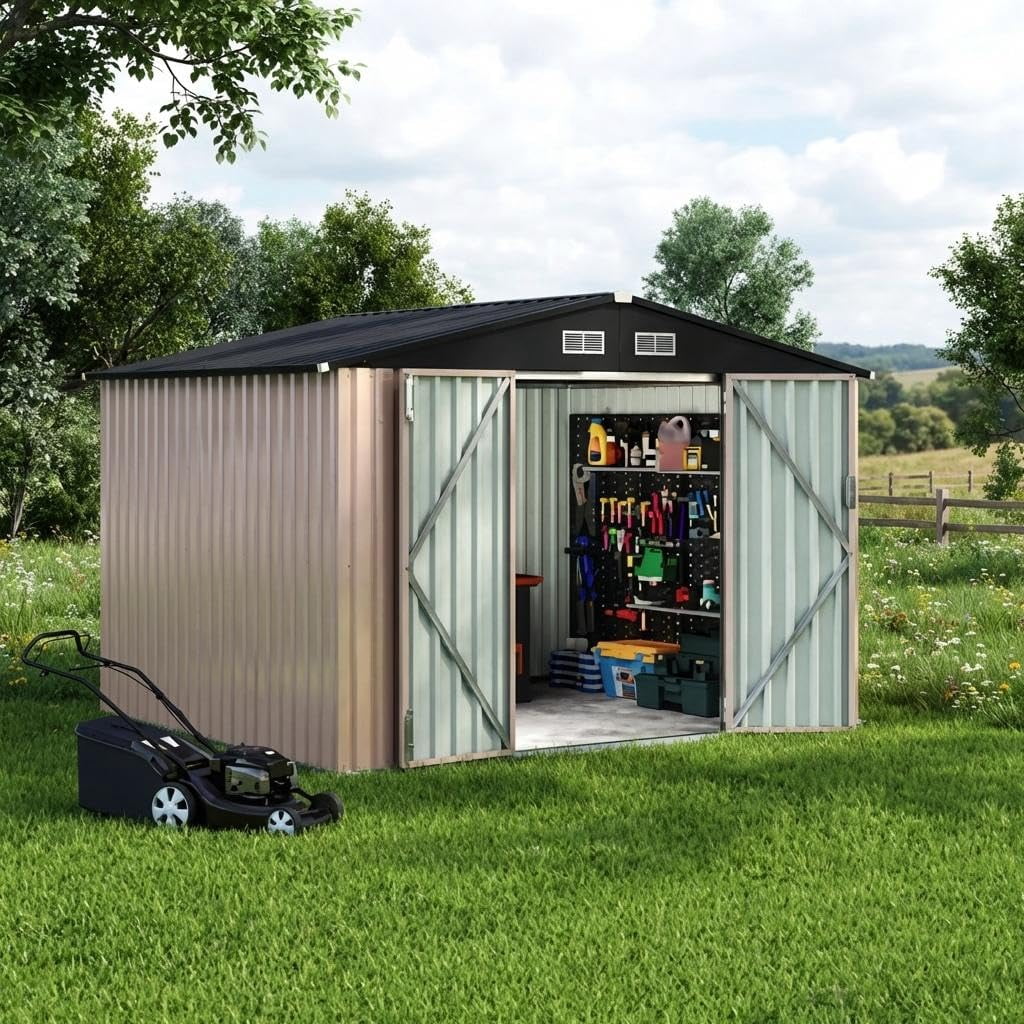6 x 8 Ft Galvanized Steel Outdoor Storage Shed With Lockable Doors, Air ...