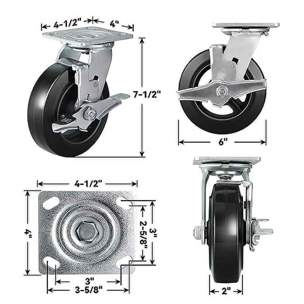 6"x2" Heavy Duty Caster Wheels-Industrial Caster, Rubber on Cast Iron ...