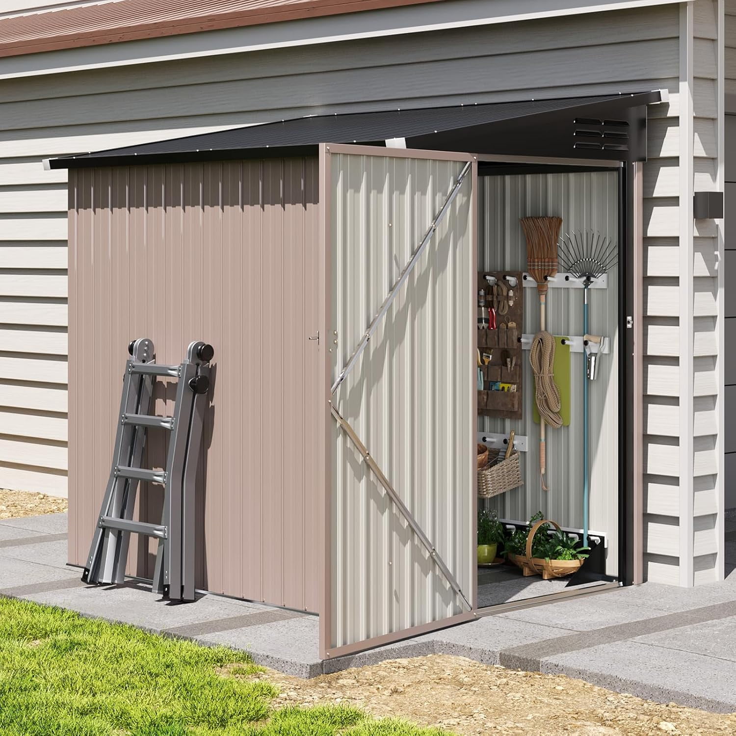 6'x4' Lean to Shed Galvanized Steel Storage Sheds with Side Door ...
