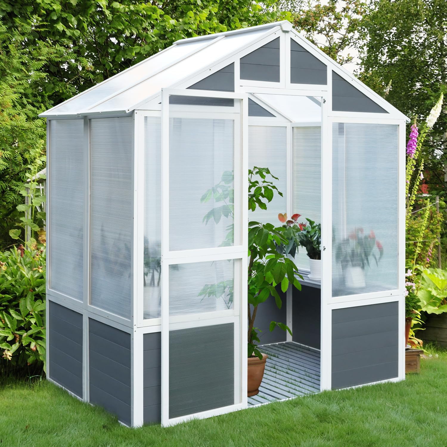 6'x4' Walk-in Greenhouse, Wood Frame Polycarbonate Greenhouse with 2 ...
