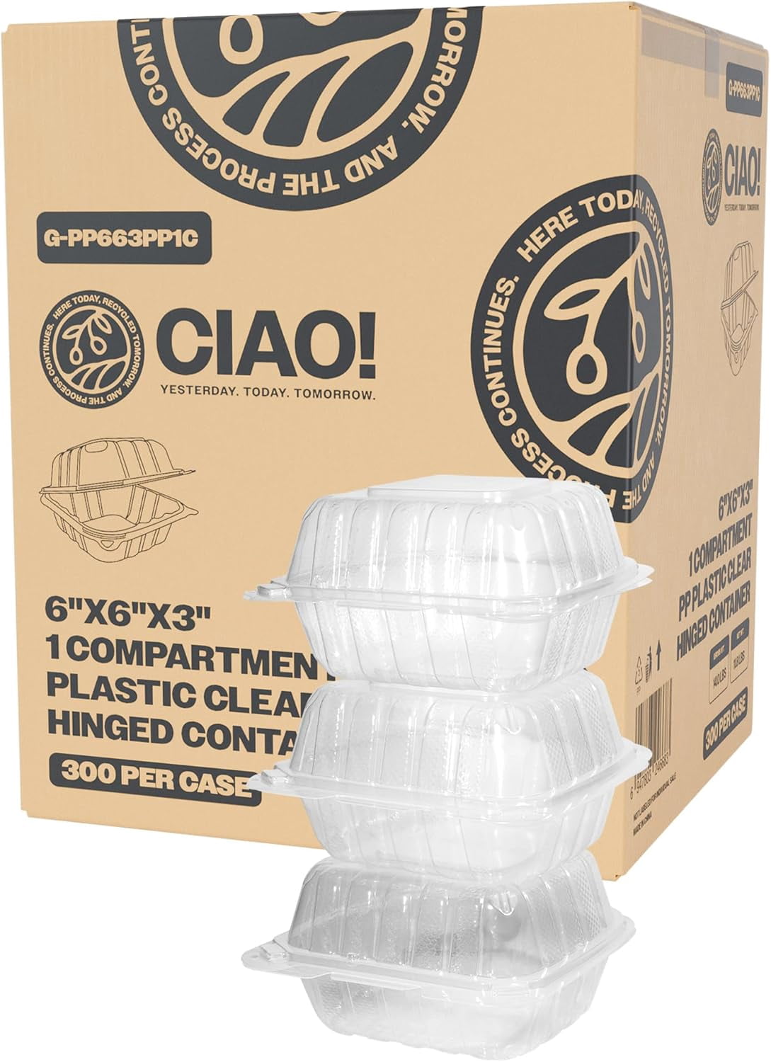6"x6"x3" 1 Compartment PP Plastic Clear Hinged Container for Take Out ...