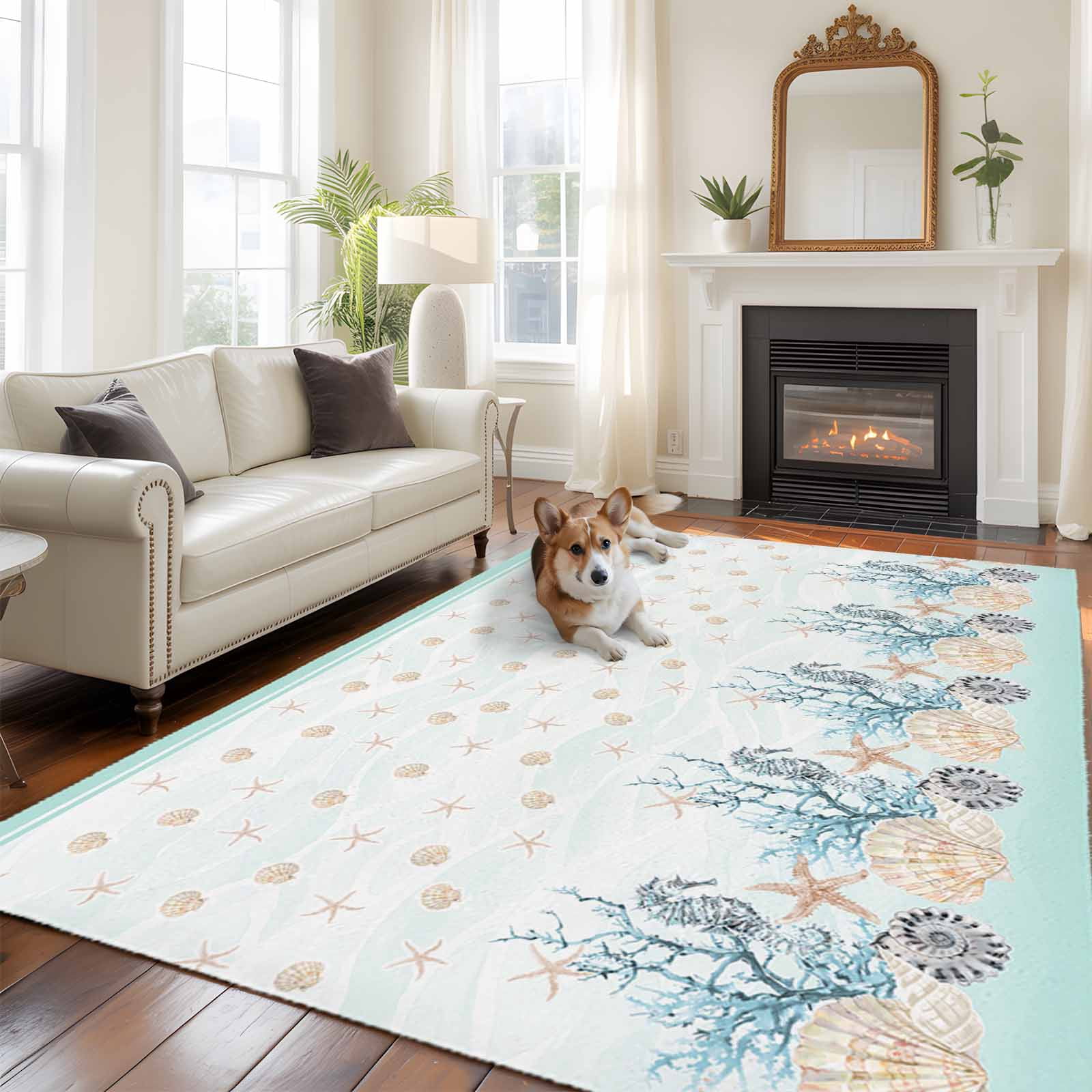 6'x9' Area Rugs, Aqua Coastal Shell Indoor Outdoor Area Rug for Living ...