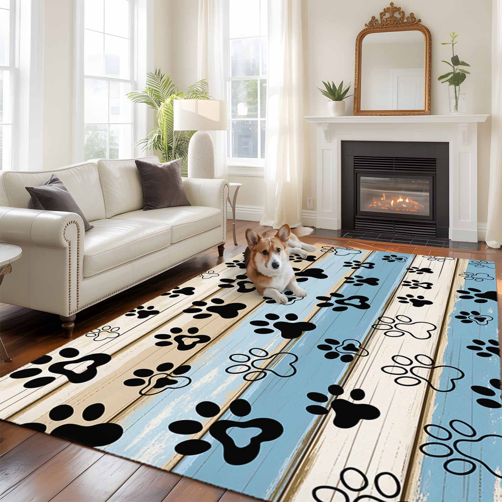 6'x9' Area Rugs, Blue Beige Paw Prints Indoor Outdoor Area Rug for ...